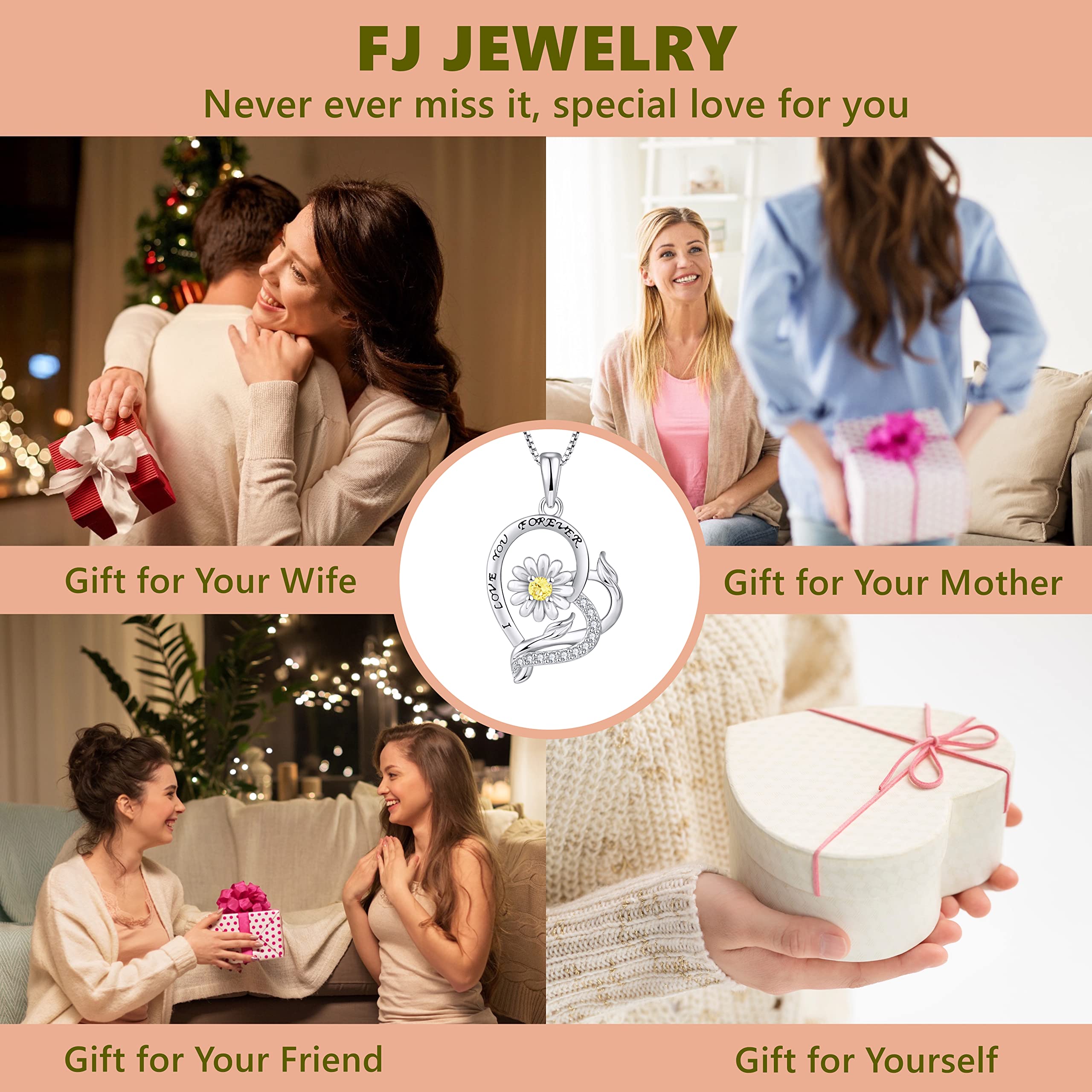 FJ Silver Heart Daisy Necklace Forever Love Heart Pendant Necklaces for Women