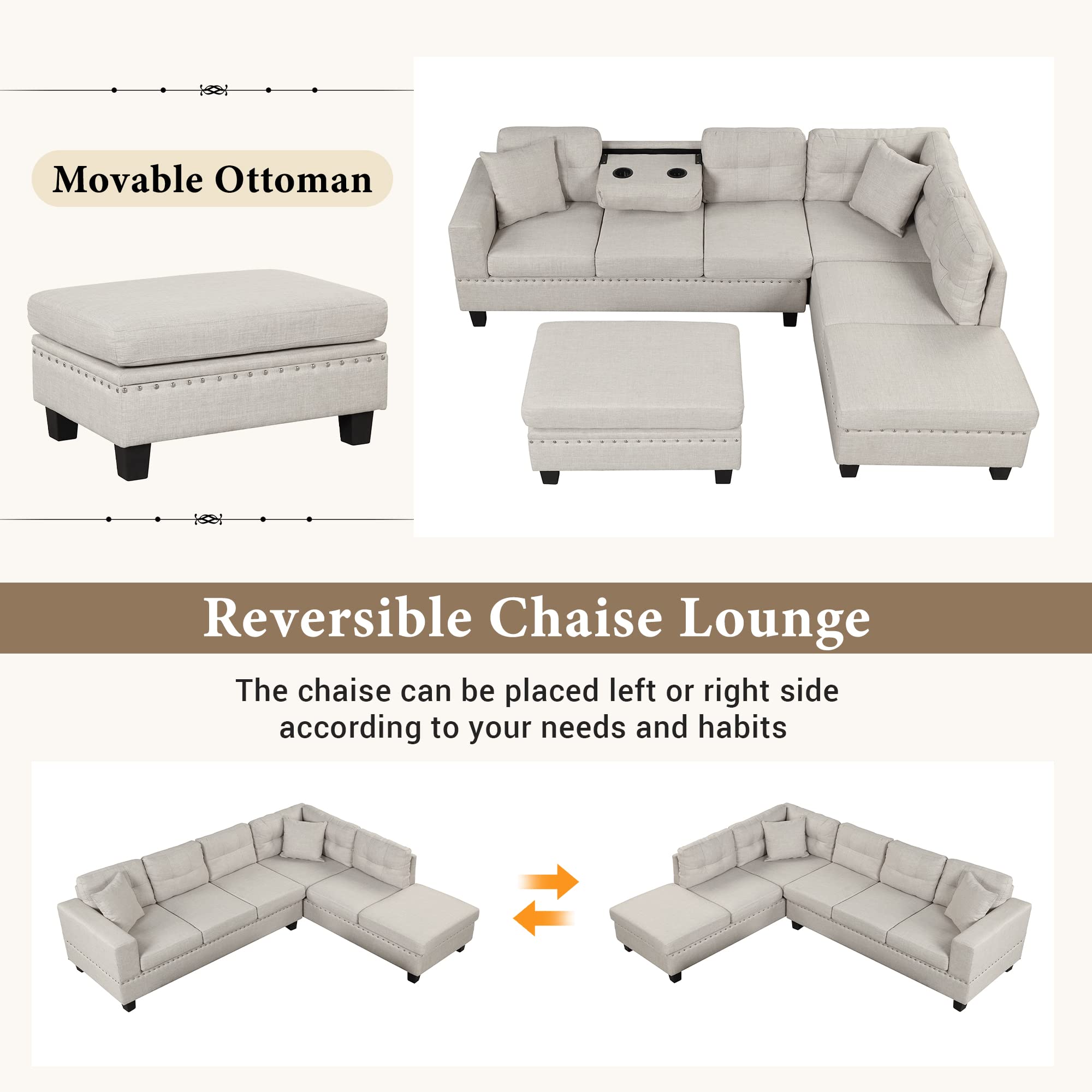 P PURLOVE Modern Sectional Sofa for Living Room, Linen L-Shape Couch with Storage Ottoman and 2 Pillows and Cup Holder, Livingroom Sofa with Reversible Chaise for Apartment, Studio (Light Gray)