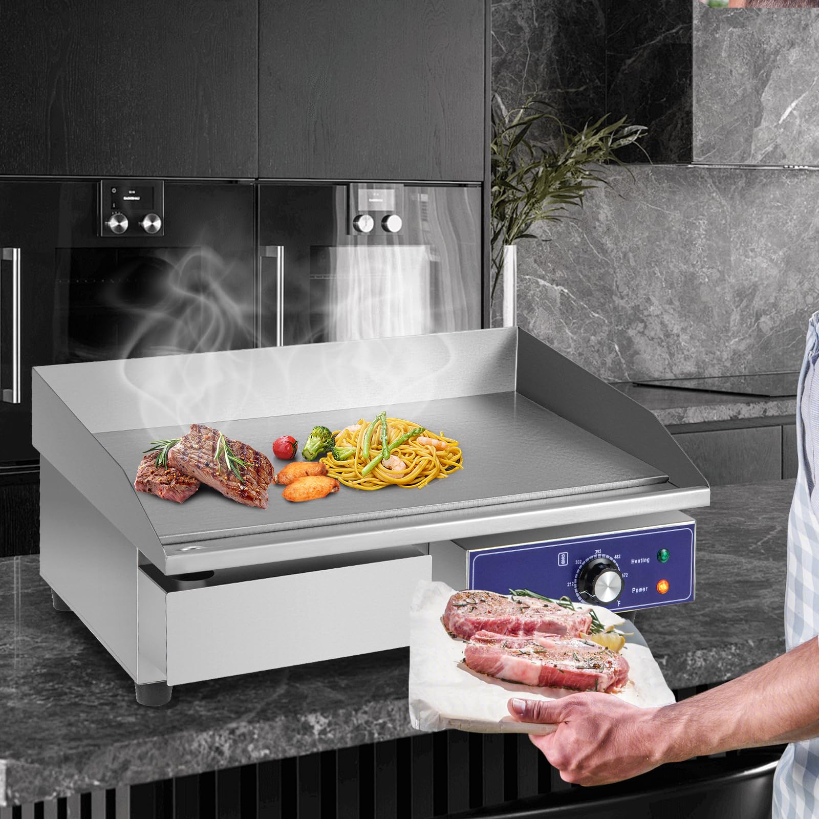 Giantex Commercial Electric Griddle 22" - 110V 2000W Countertop Griddle with Cast Iron Griddle Plate & Stainless Steel Frame, Restaurant Teppanyaki Flat Top Grill, Adjustable Temp Control 122β-572β