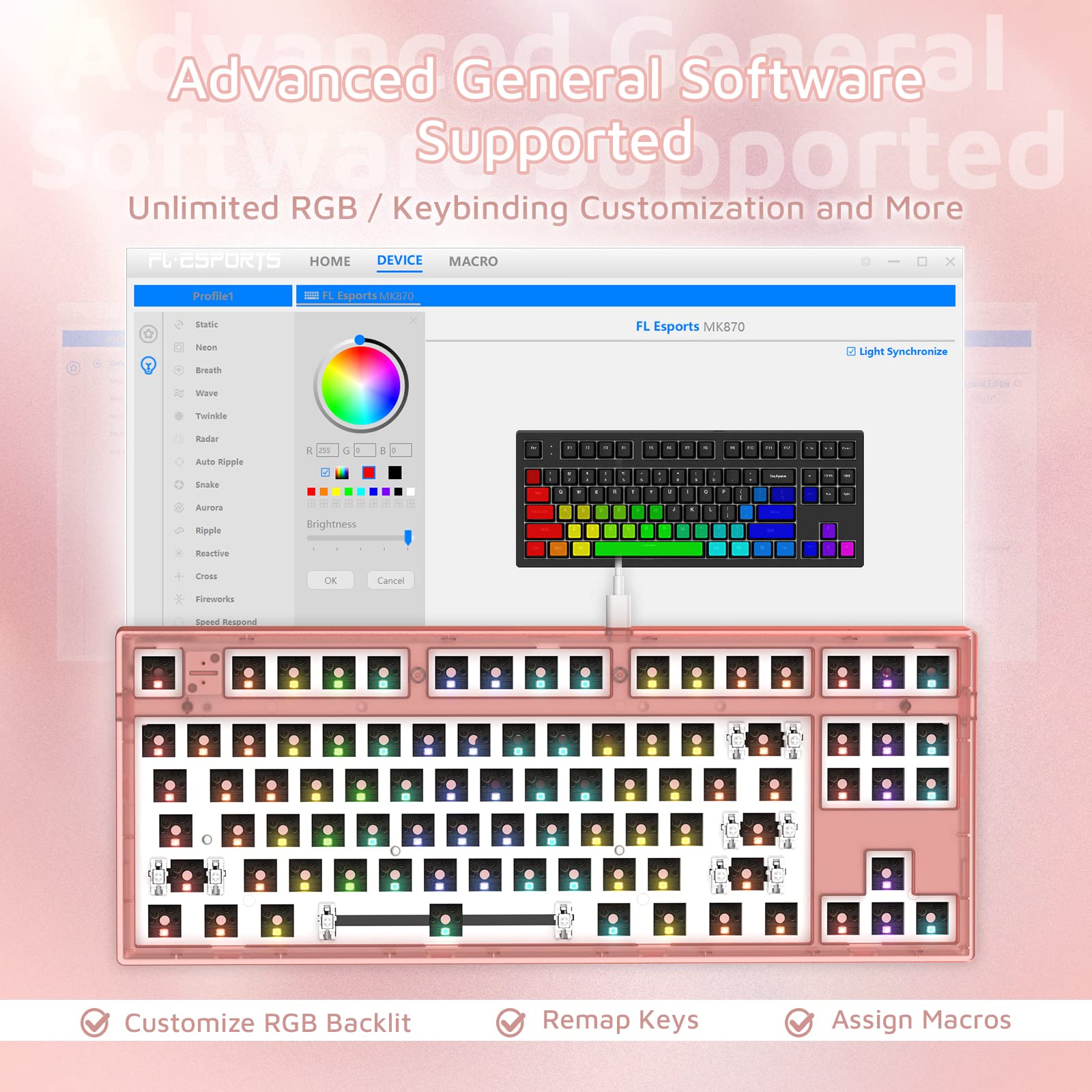 FL ESPORTS MK870 CMMK 87 Keys RGB Modular Mechanical Keyboard, 80% TKL Wired Gaming Keyboard DIY Kit w/Hot-Swap Switch Sockets (5-pin) & Customizable Software Supported (Barebones, Frosted Black)