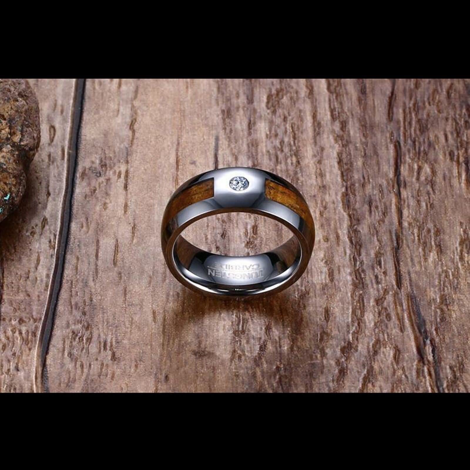 Epinki Wedding Rings Silver, 8MM Tungsten Ring with Wood Inlay White Round Cubic Zirconia Band Ring 2PCS Couple Rings Women Size 8 & Men Size 12