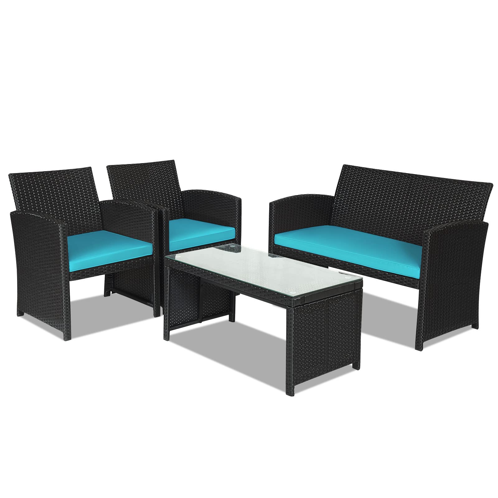 Goplus Rattan Patio Furniture Set 4 Pieces, Outdoor Wicker Conversation Sofa and Table Set with Soft Cushions & Tempered Glass Coffee Table for Balcony Garden Backyard (Turquoise)