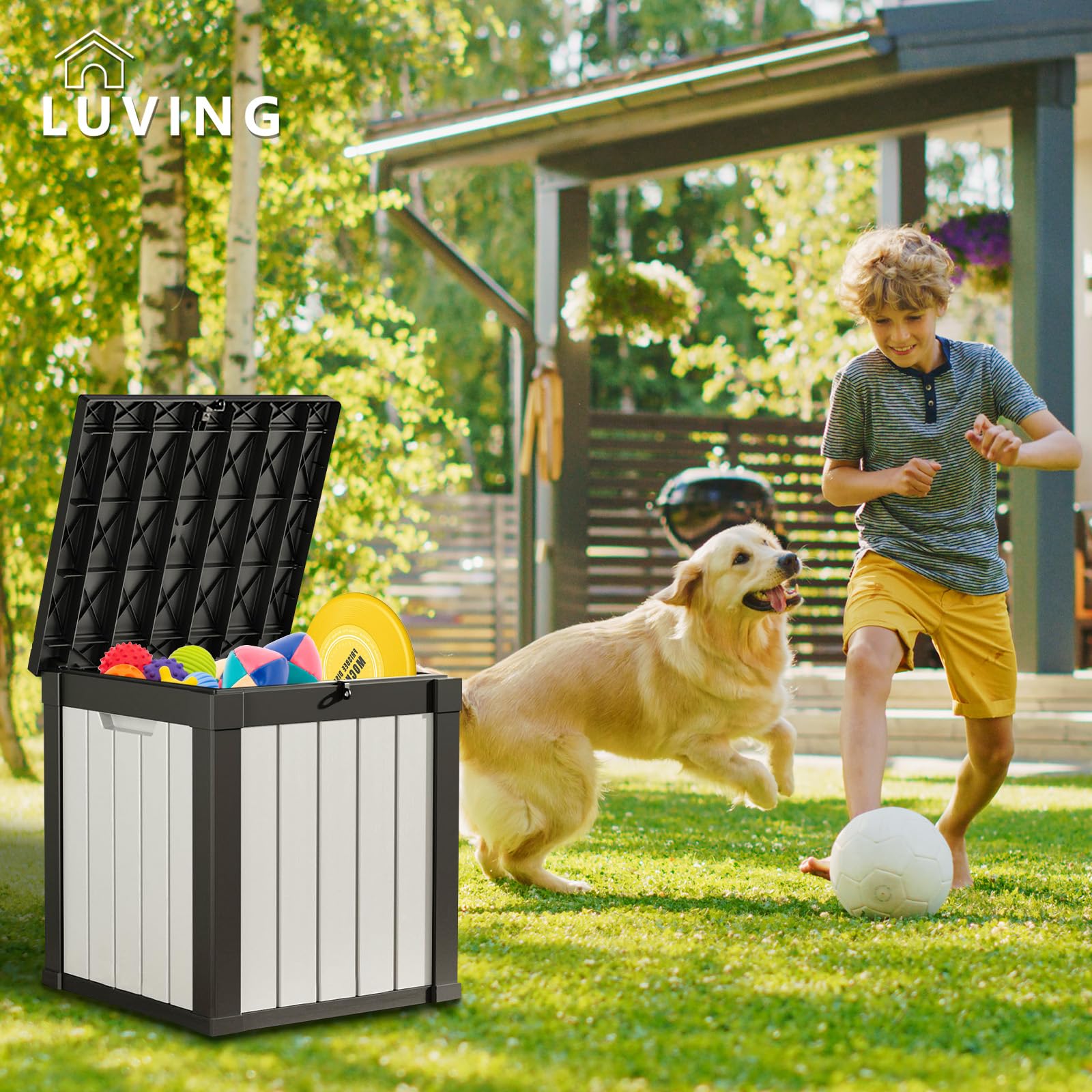 LUVING 50 Gallon Outdoor Storage Box Waterproof, Patio Storage Box with Lockable Lid, UV Resistant Outdoor Storage Bin for Indoor Patio Deck Backyard Garden Pool, White&Black