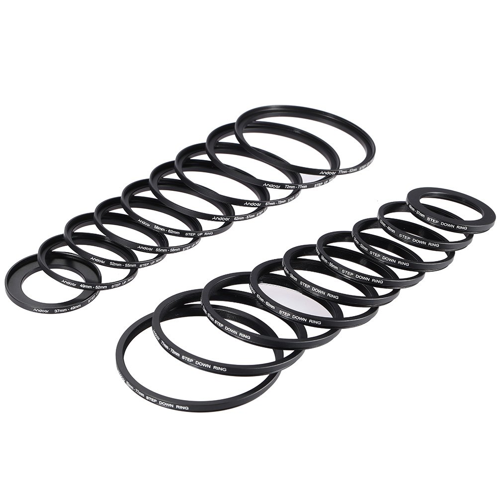 Filter Ring Adapter, Andoer 18pcs Camera Lens Filter Metal Adapter Ring Kit (9pcs Step Up Set & 9pcs Step Down Ring Set)