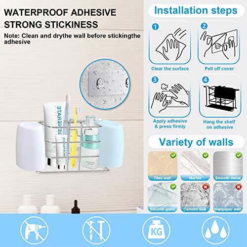 homyfort Shower Caddy Rack Over Shower Head Suction Cup and Toothbrush,cup Holder for Razor and Sponge-Shampoo Soap Organizer,Rustproof Stainless Steel, Silver(2 PACK)