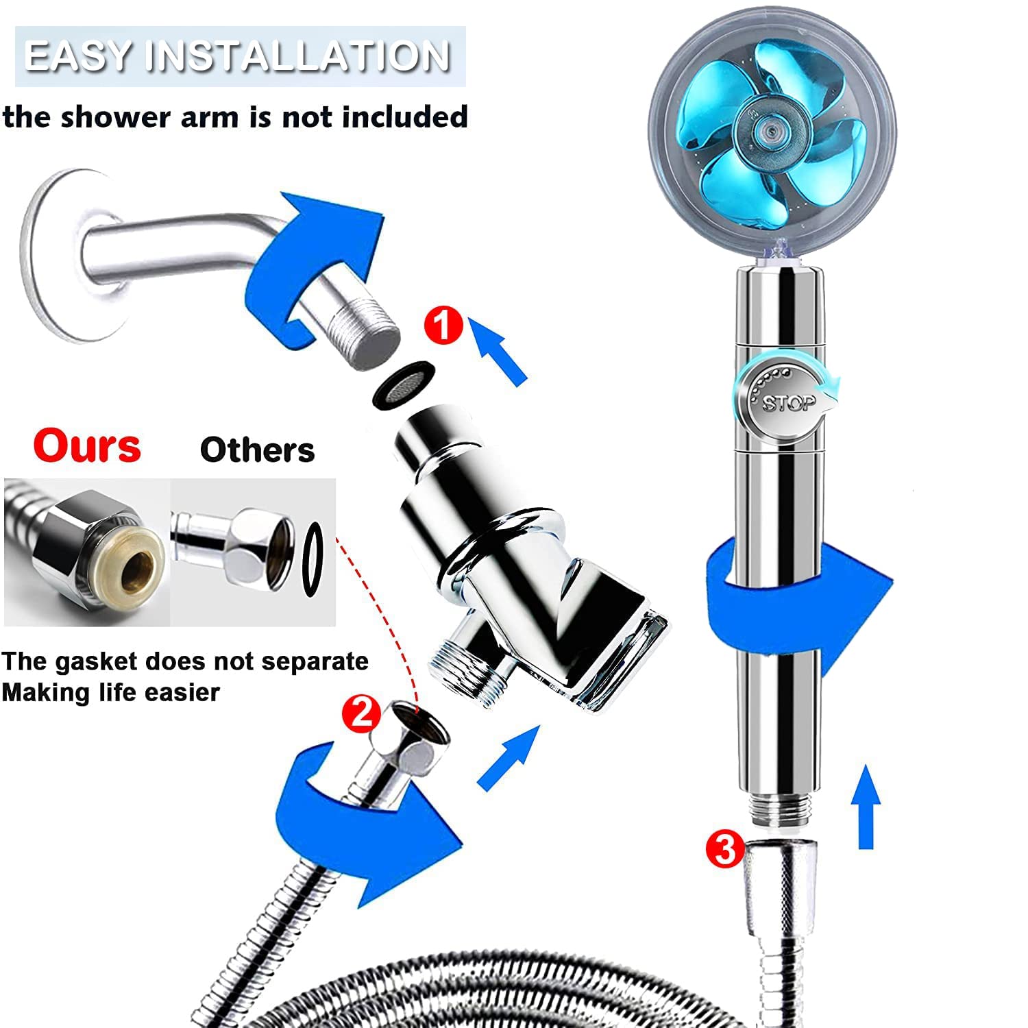 High Pressure Shower Heads, Handheld Turbo Fan Shower, Hydro Jet Shower Head Kit with Replacement Hose/Bracket/Cotton Filters and Bath Loofah, One Key Pause Switch 360 Degrees Rotating