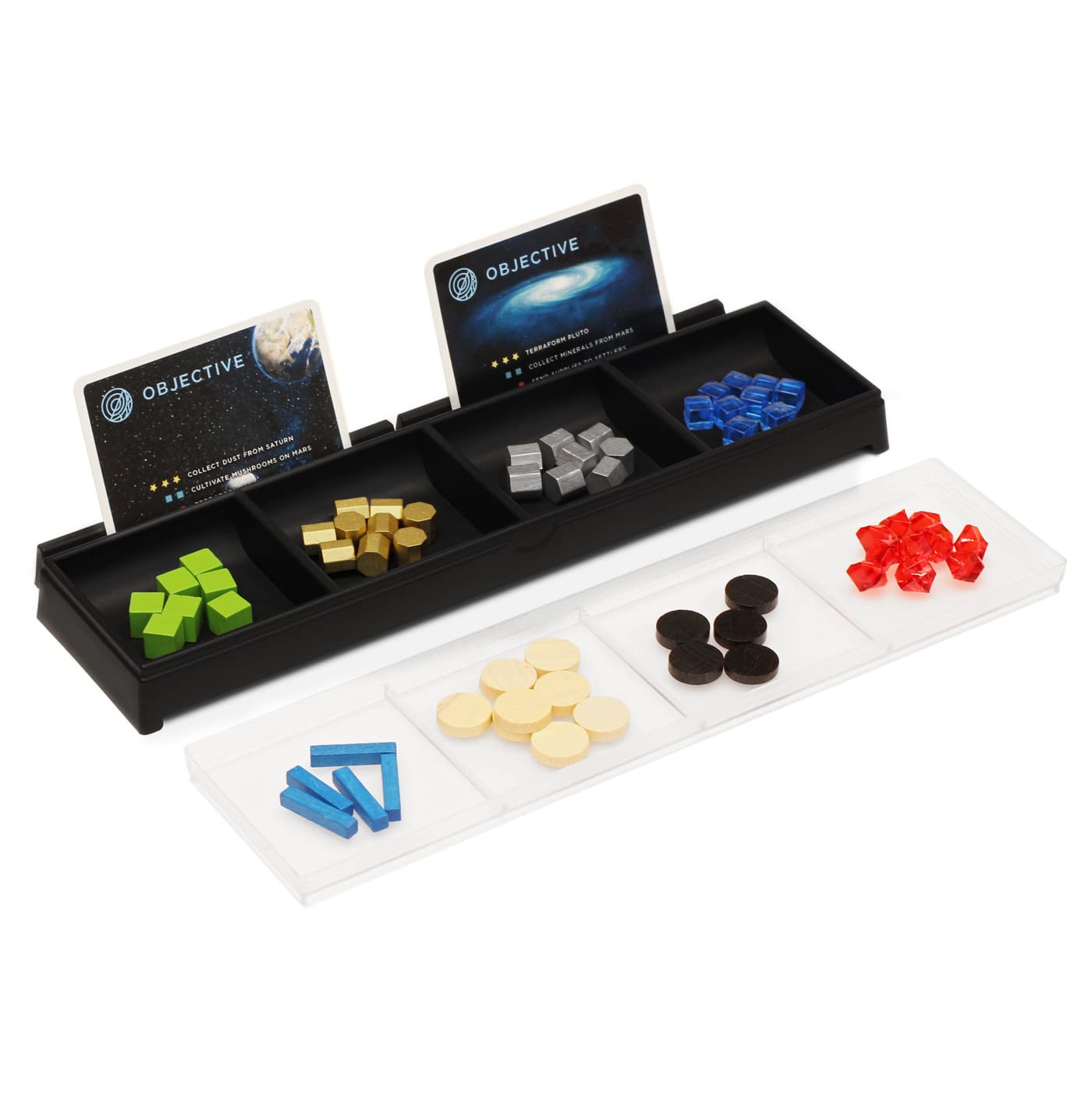 GameTamer Divided Tray with Lid for Organizing Board Game Tokens, Meeples, Pieces with Mini Connecting Card Holder (Token Tamers - Set of 2, Raven Black)