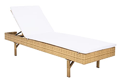 SAFAVIEH Outdoor Collection Cam Natural Brown Wicker/White Cushion Adjustable Chaise Lounge Chair, Black/Beige (PAT7501D)