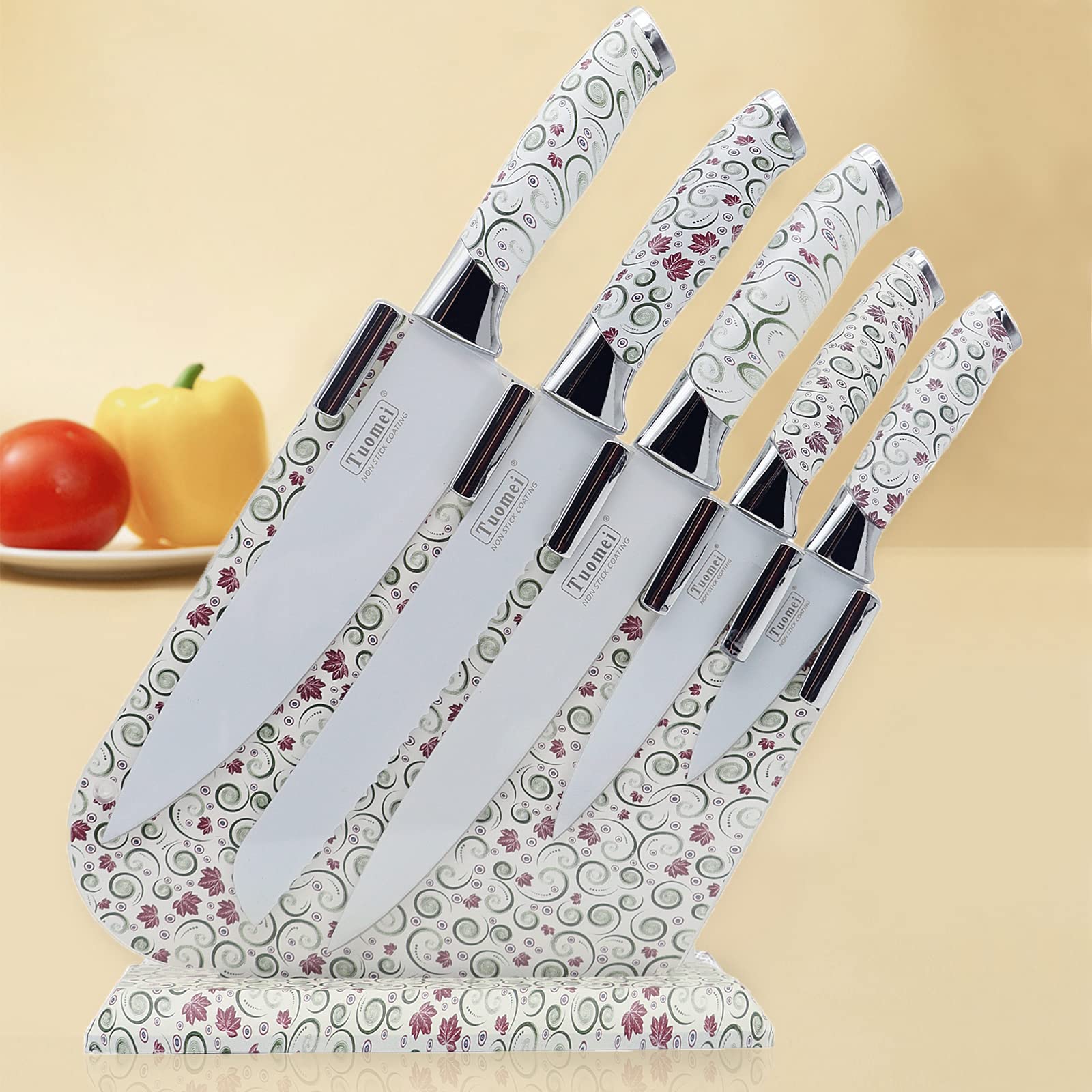 Knife Set for Kitchen, Retrosohoo White 6-Piece Stainless Steel Sharp Block Knife Set with Flower Pattern, Non-stick Non-slip Cooking Knives Set for Cutting Chopping Slicing Dicing