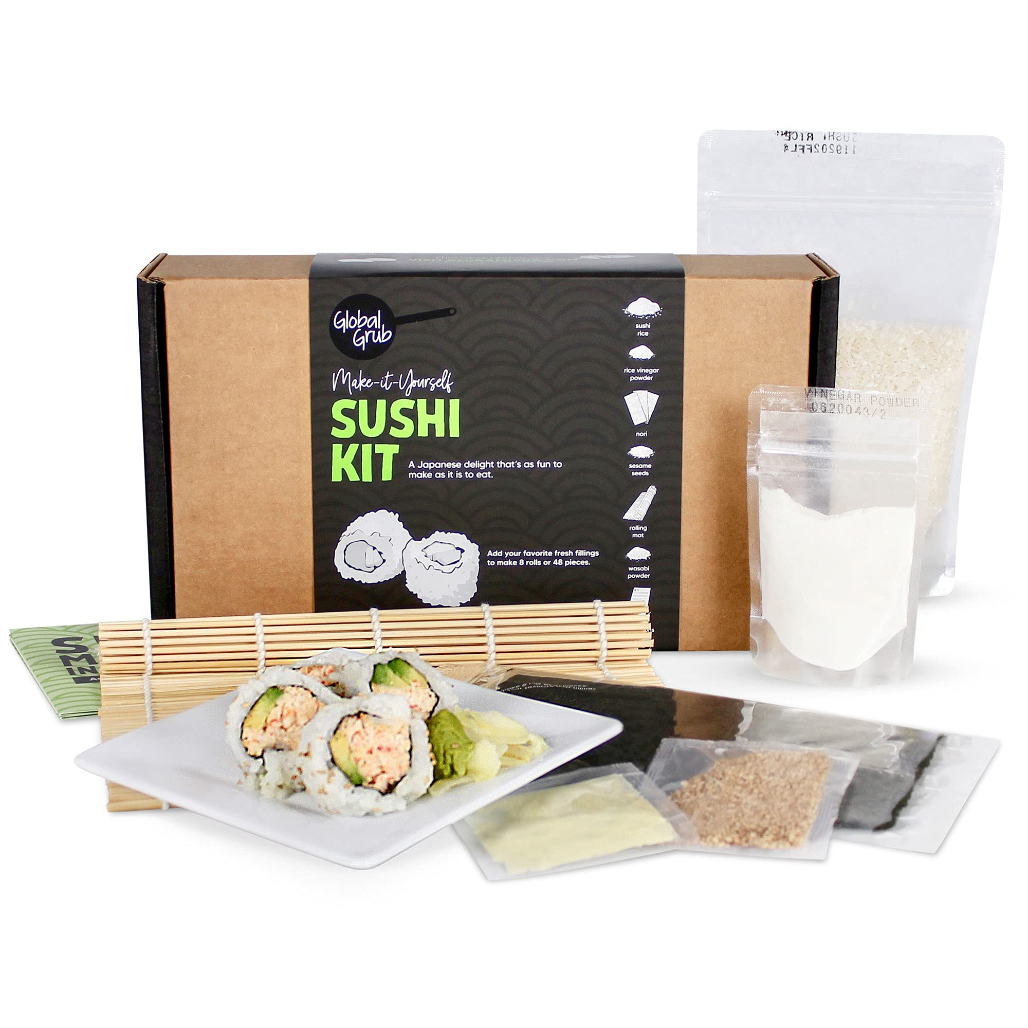 Global Grub DIY Sushi Making Kit - Sushi Kit Includes Sushi Rice, Nori Sushi Seaweed, Rice Vinegar Powder, Sesame Seeds, Wasabi Powder, Bamboo Sushi Rolling Mat, Instructions, Makes 48 Pieces