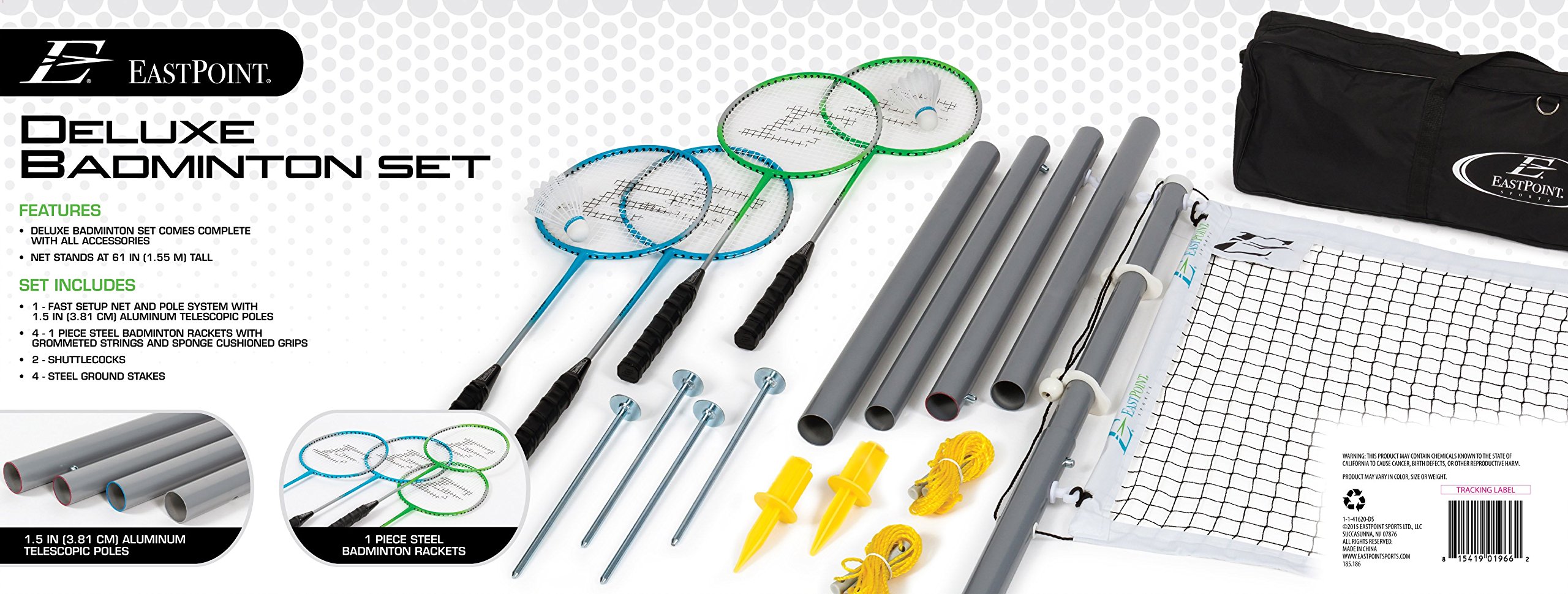 EastPoint Sports Easy Setup Badminton Set; Backyard Game Includes Portable Net, 4 Badminton Rackets, 2 Shuttlecocks and Accessory Bag for Storage