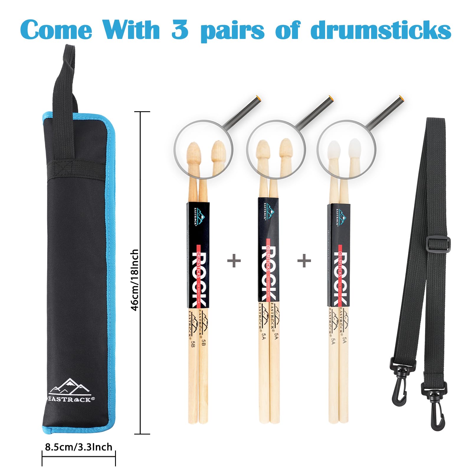 EASTROCK Drum Sticks Bag with 3 Pair Drumsticks, Drumstick Bag Drum Sticks Holder with Floor Tom Hook, Carrying Strap (Black)