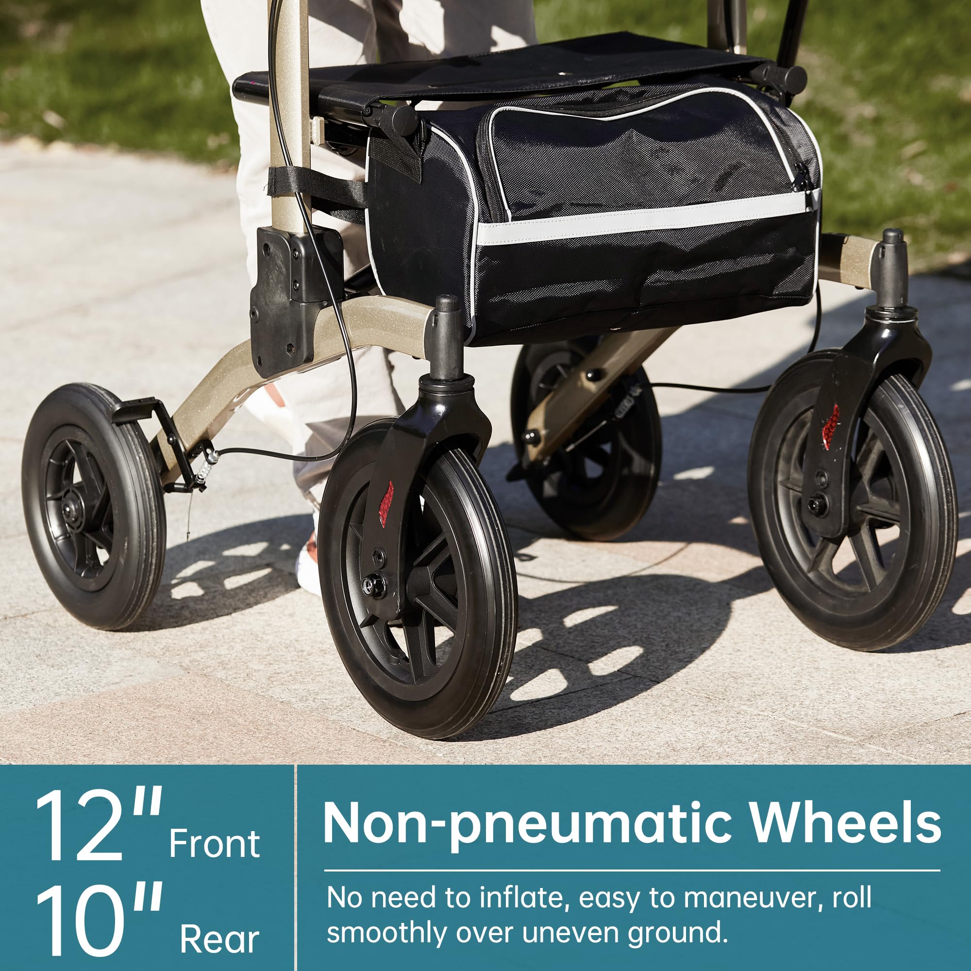 ELENKER All-Terrain Upright Rollator Walker, Stand up Rolling Walker with Seat, 12β Non-Pneumatic Tire Wheels, Compact Folding Design for Seniors, Champagne