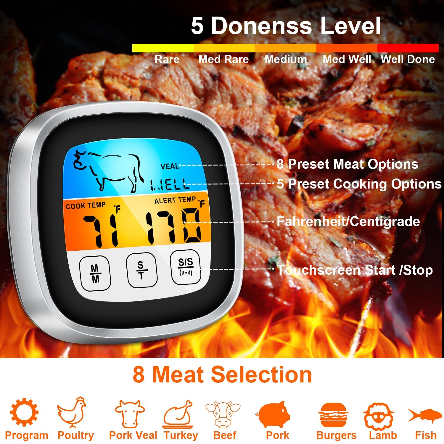Instant Read Meat Thermometer Digital Thermometer, Professional Kitchen Cooking Thermometer for Grilling, Food Thermometer with Alarm Touch Screen IPX7 Waterproof Probe, Food Grade Material, 1 Pack