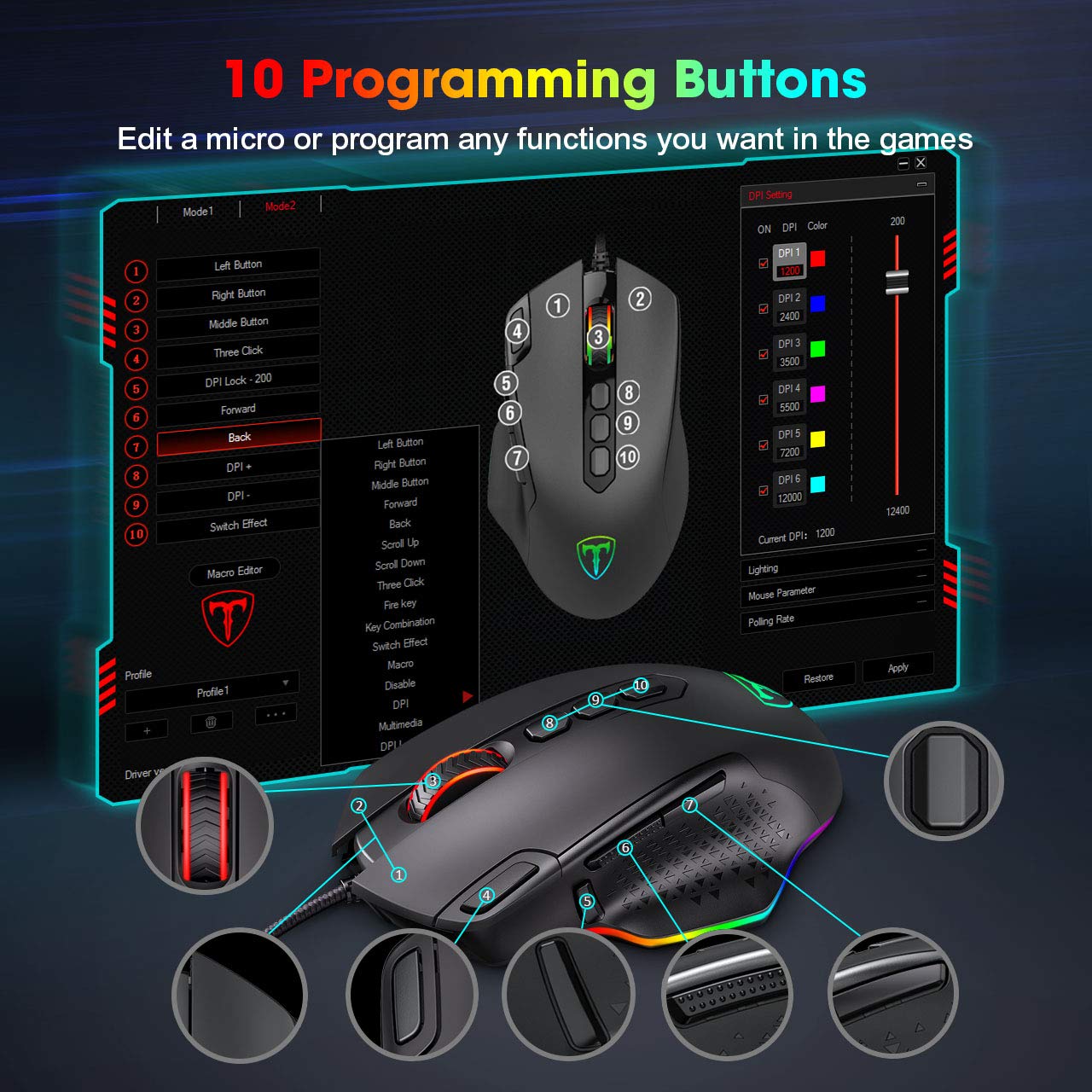 Gaming Mouse Wired [12000 DPI][Customizable RGB Backlit][10 Programmable Buttons][Fire & Sniper Button][Weight and Balance Tuning][Lag-Free] Ergonomic Game USB PC Computer Mice