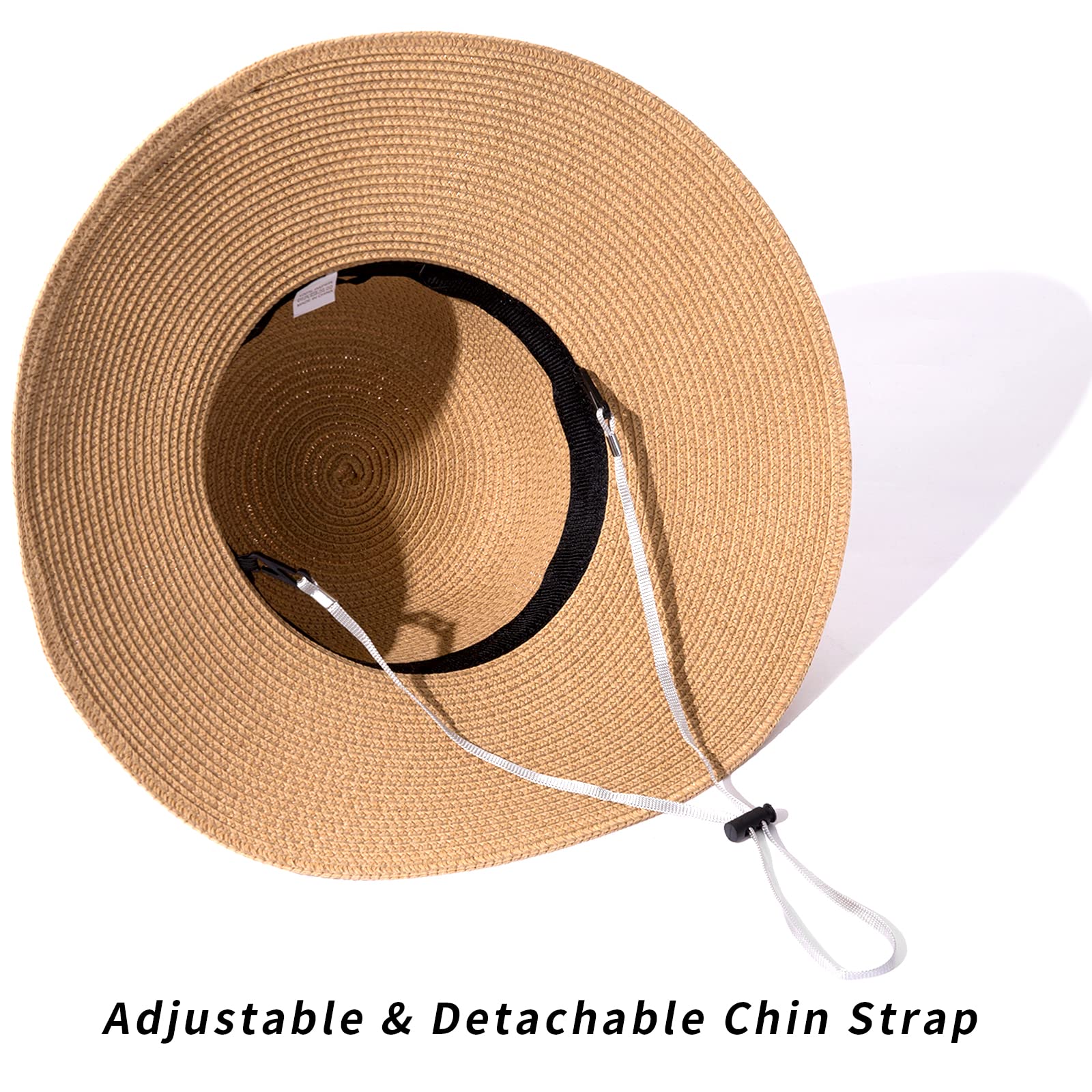 Fablepeach Womens Beach Straw Panama Hat Wide Brim Foldable Fedora Sun Hats for Women UV UPF 50+, Beige