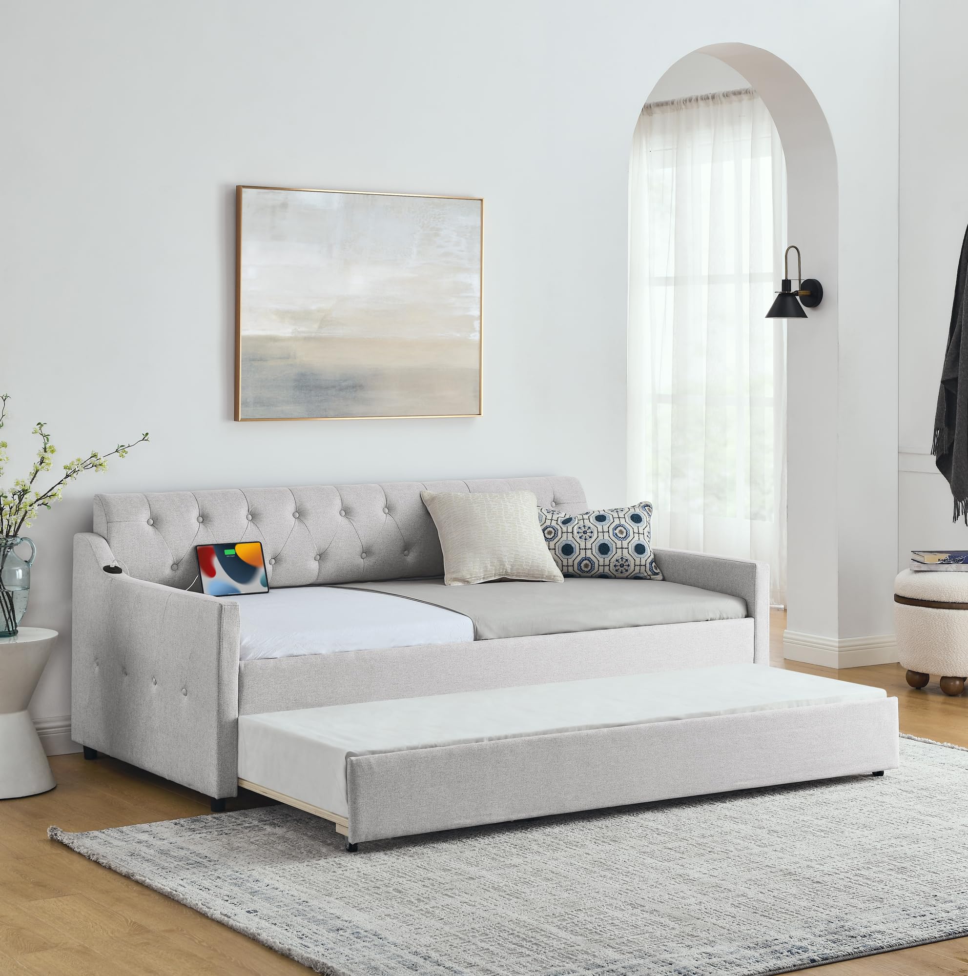 LUSPAZ Twin Size Upholstery Daybed with Trundle and USB Charging Design, Twin to King Design Mid-Century Extendable Sofa Bed, Easy Assembly, No Box Spring Required, for Living Room and Bedroom, Beige