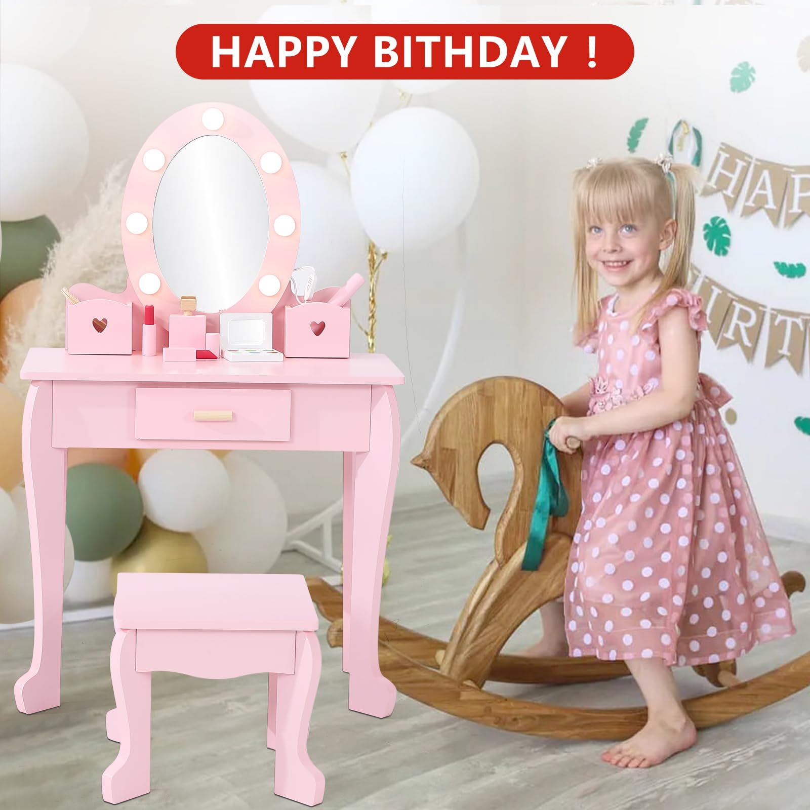 GarveeHome Kids' Vanity Set with Mirror and Light, Makeup Table and Stool for Girls, Vanity Table and Chair Set with Wood Makeup Playset for 4-9 Girls, Pink (Batteries Not Included)