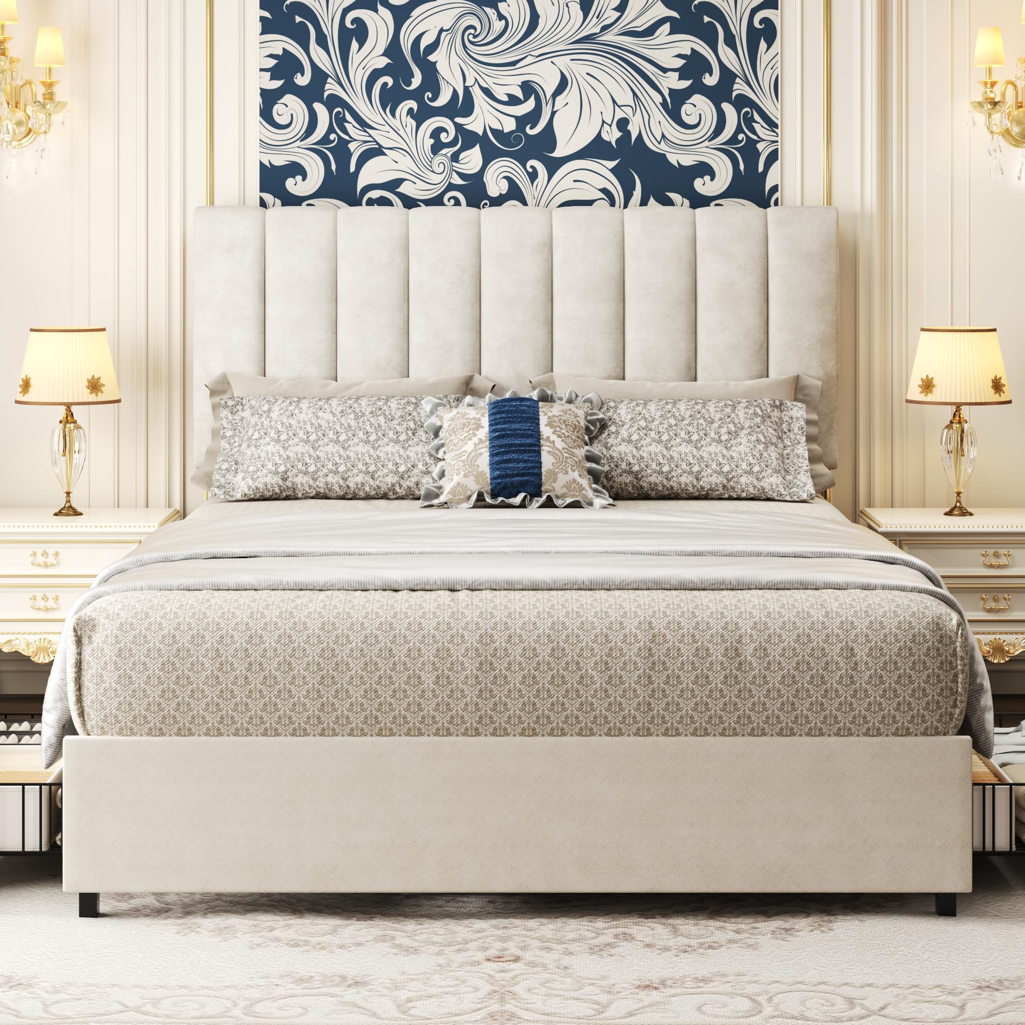 Lifezone Queen Bed Frame, Queen Bed Frame with Headboard & 4 Storage Drawers, Velvet Upholstered Headboard, No Box Spring Needed/Easy Assembly, Beige