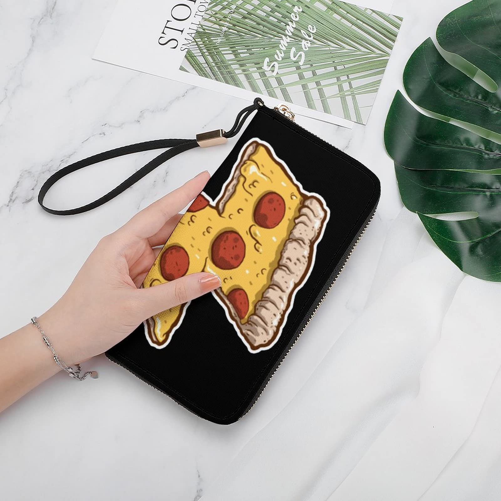 FunnyStar Cool Thunder Cheesy Pizza Women's Long RFID Hand Wallet Wristlet Clutch Purse PU Leather Handbag with Wrist Strap
