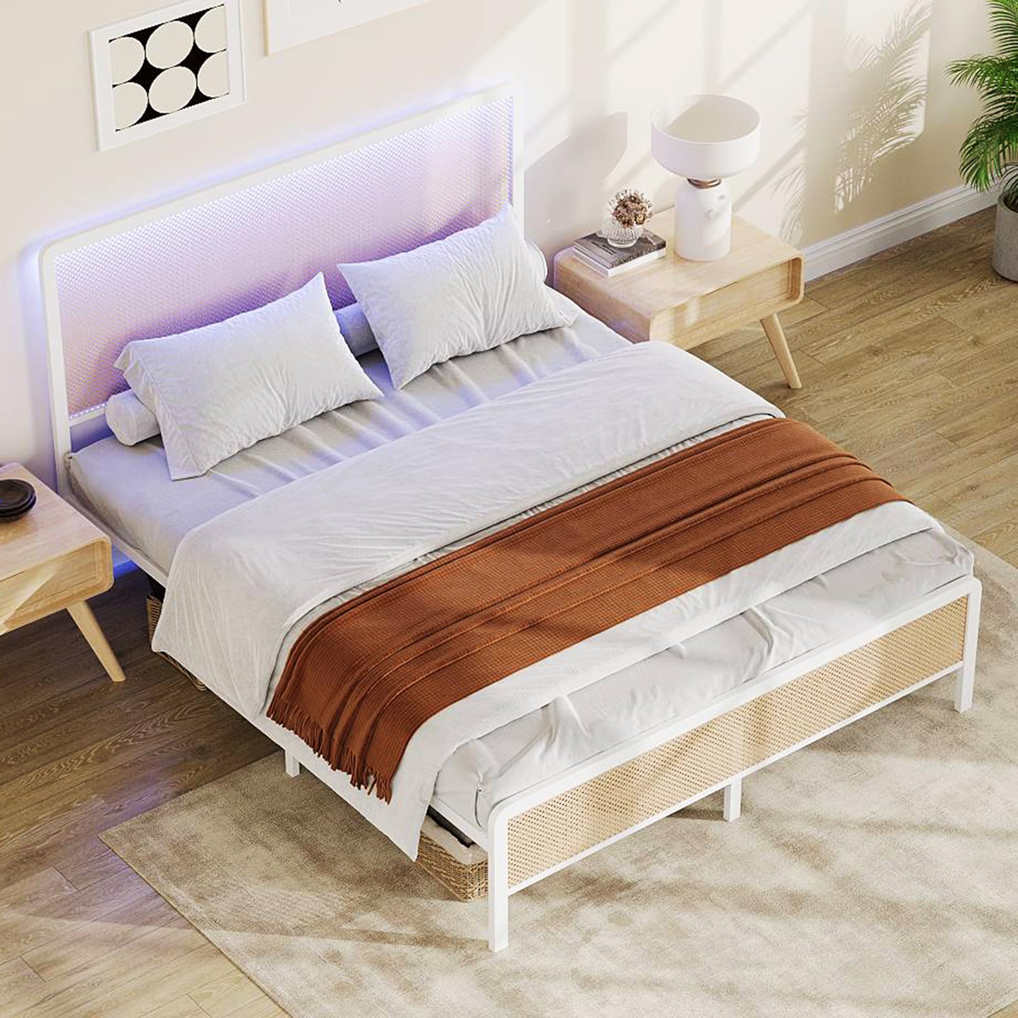 GarveeHome Queen Size White Rattan Bed Frame with LED Lights, Bed Frames with Rattan Headboard, Metal Rattan Platform with Under-Bed Storage, No Box Spring Needed, Noise Free