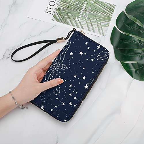 FunnyStar Dragonfly Constellations And Stars Women's Long RFID Hand Wallet Wristlet Clutch Purse PU Leather Handbag with Wrist Strap