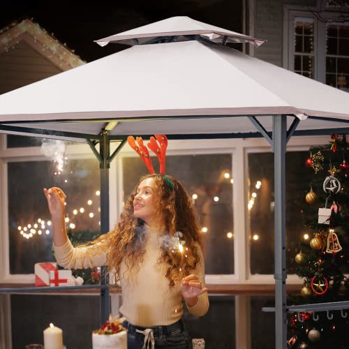 Easylee 8' x 5' Grill Gazebo for Outdoor BBQ, Steel Frame Gazebo with LED Lights and Hook, Double Tiered Barbecue Canopy Tent (Beige-White)