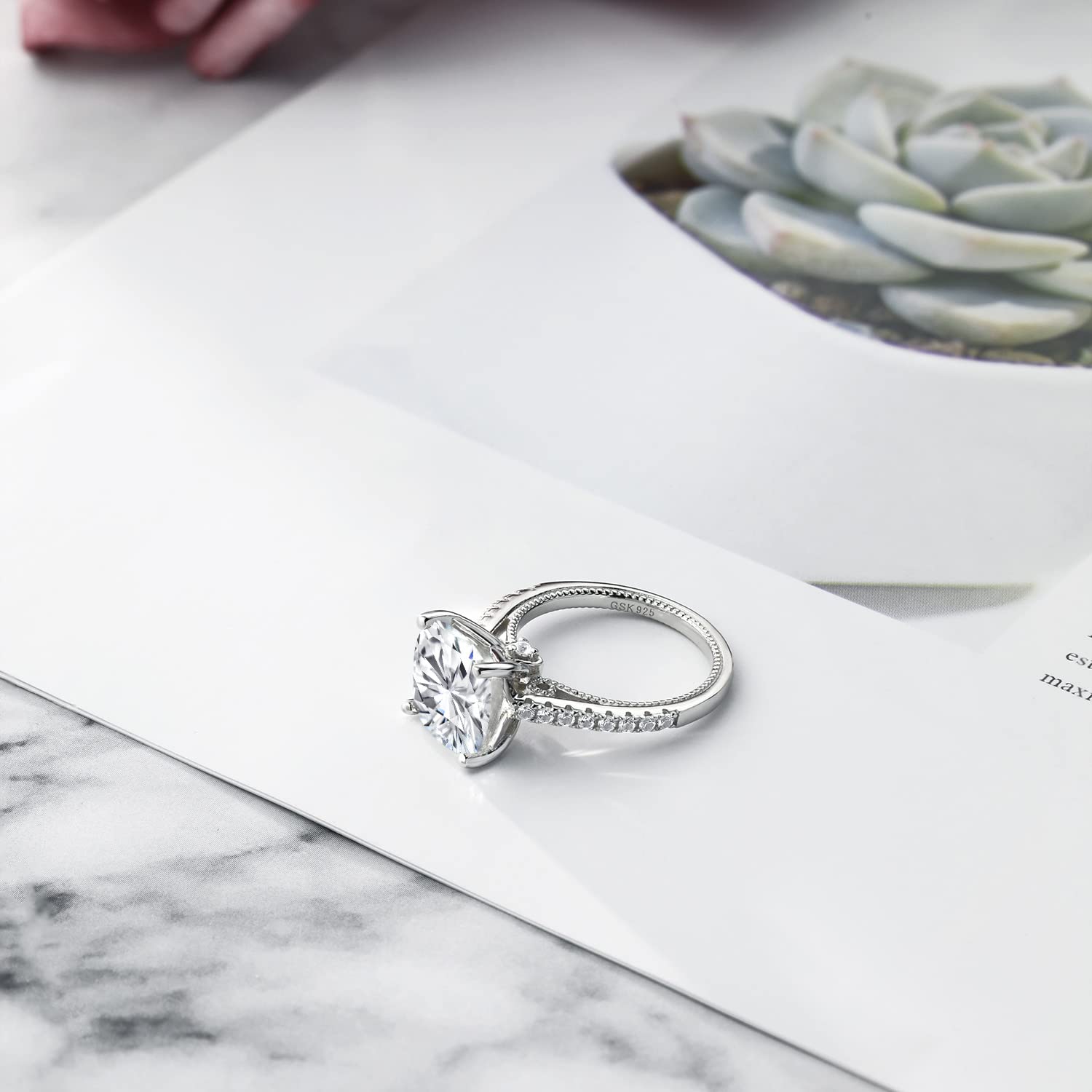 Gem Stone King 925 Sterling Silver White Created Sapphire and White Moissanite Engagement Ring For Women (5.27 Cttw, Available In Size 5, 6, 7, 8, 9)