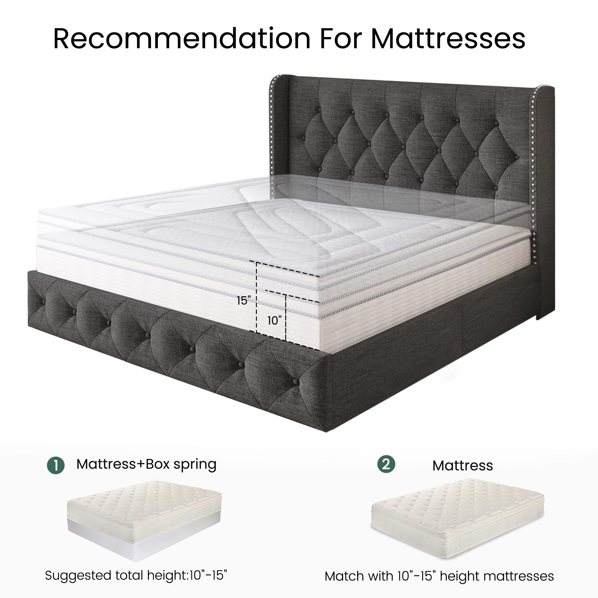 LARMACE King Size Bed Frame with 4 Storage Drawers and Wingback Headboard Linen Upholstered Platform Bed Tufted Bed Frame with Wood Slats Support, No Box Spring Needed, Light Grey