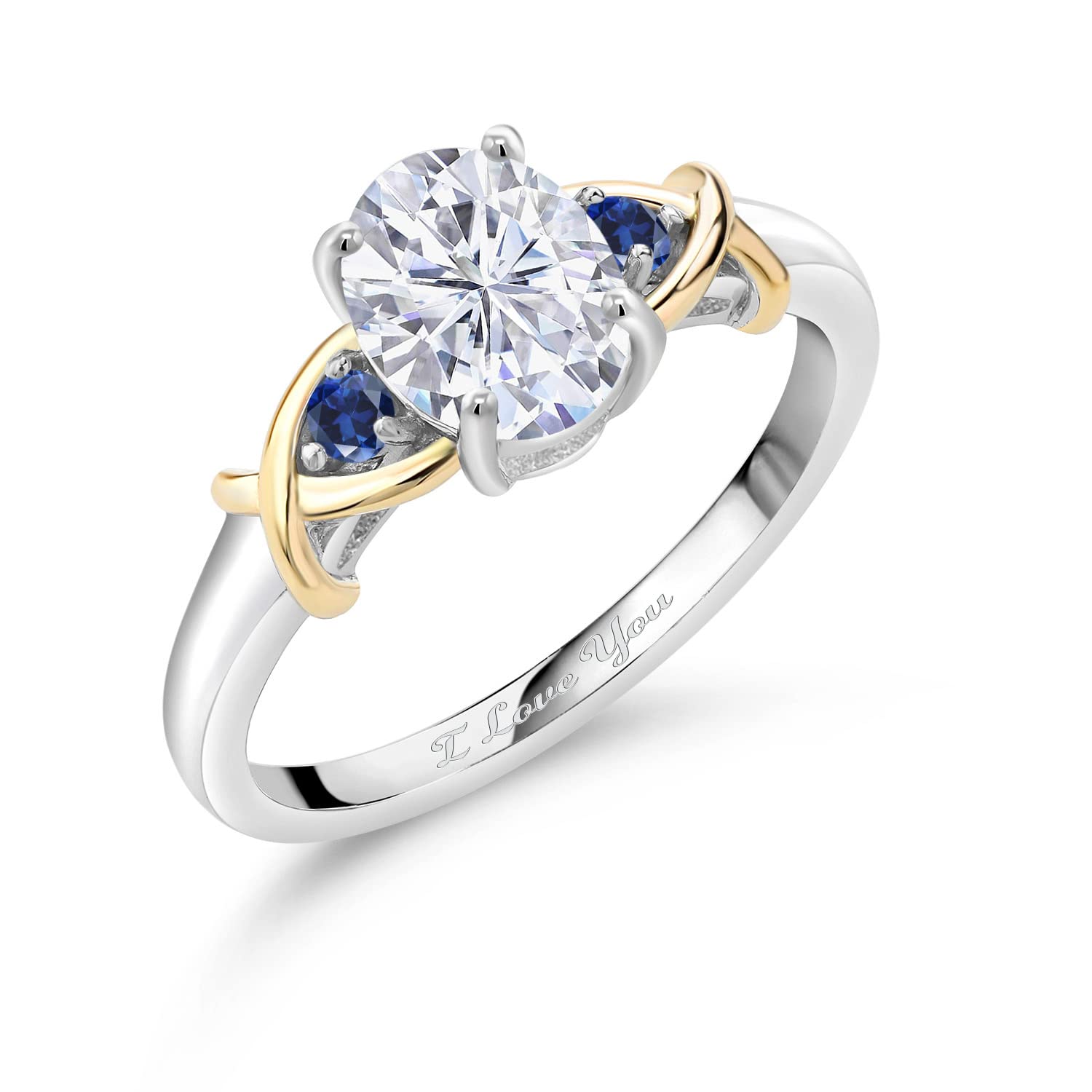Gem Stone King 925 Sterling Silver and 10K Yellow Gold Customized and Personalized 3-Stone 8X6MM Oval and 2MM Round Gemstone Birthstone Name Engraved Ring For Women (Size 7)