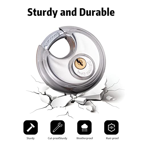 HonesaLoc Disc Padlock Outdoor, 2 Pack Heavy Duty Stainless Steel Discus Padlock, Waterproof Combo Gate Lock with Key for Storage Locker, Garages Warehouse, Sheds and Fence