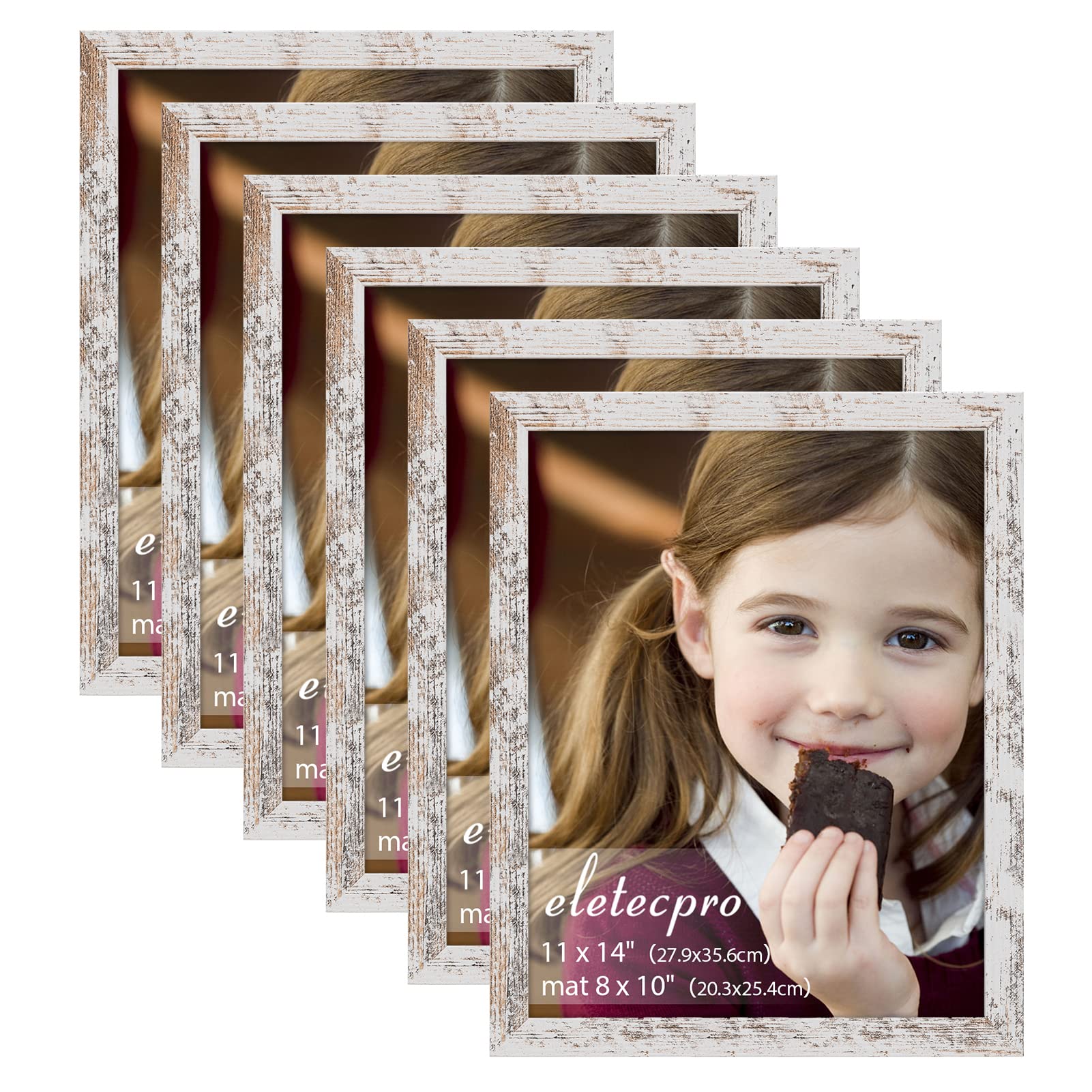 eletecpro 11x14 Picture Frame Set of 6, Rustic Wood Pattern Picture Frame, Display 8x10 Photos with Mat or 11x14 without Mat, Farmhouse Home Decor Horizontal & Vertical for Tabletop or Wall Mounting