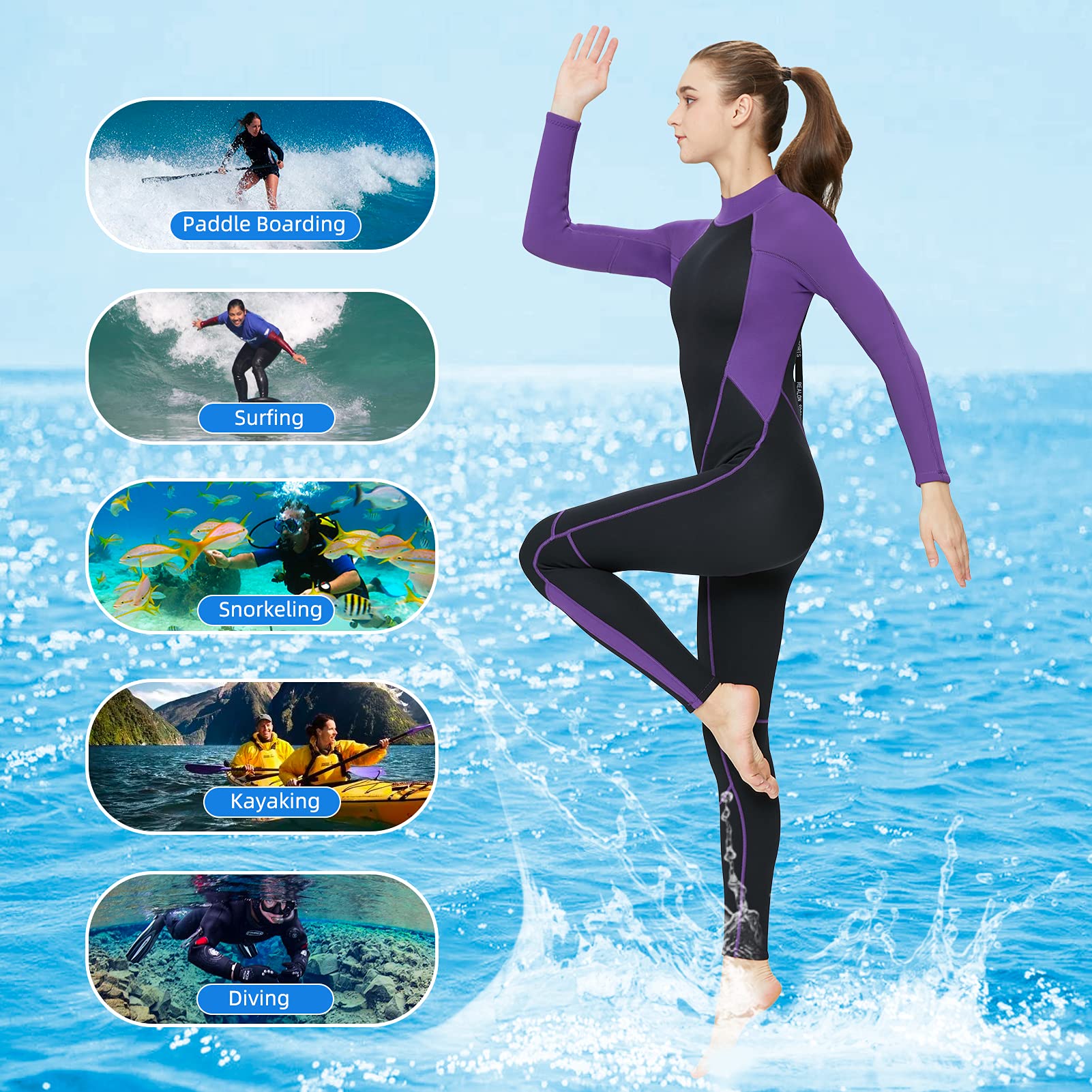 FLEXEL Full Body Wetsuit Men and Women 3mm Neoprene Keep Warm Back Zipper for Diving Surfing Snorkeling Kayaking Water Sports(S)