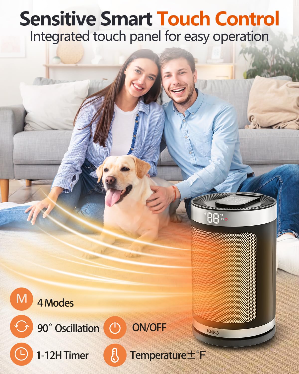 KNKA Space Heaters for Indoor Use, Portable Electric Heater with Thermostat, 90ยฐ Oscillation, 4 Mode, 12H Timer, 1500W Fast Safe Heating Ceramic Heater for Bedroom, Home, Office - ETL Certified, 9.4"
