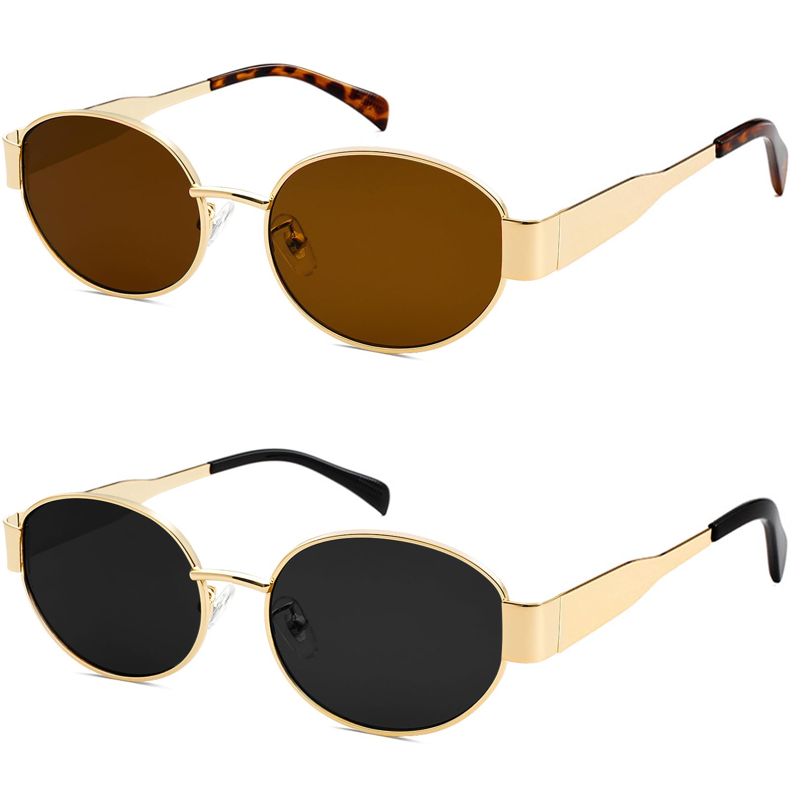 knliwkm 2 Pack Gold Retro Oval Sunglasses for Women Trendy Fashion Designer Dupes Shades Vintage 90s Sun Glasses