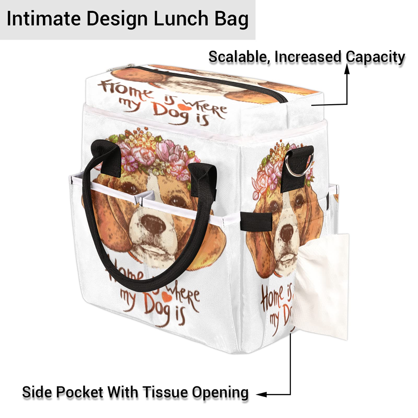 Insulated Lunch Bag for Women, Beagle Dog Home Leakproof Lunch Tote Bag Reusable Large Lunch Box Thermal Cooler Lunch Bags with Shoulder Strap, Side Pockets, Water Bottle Holder