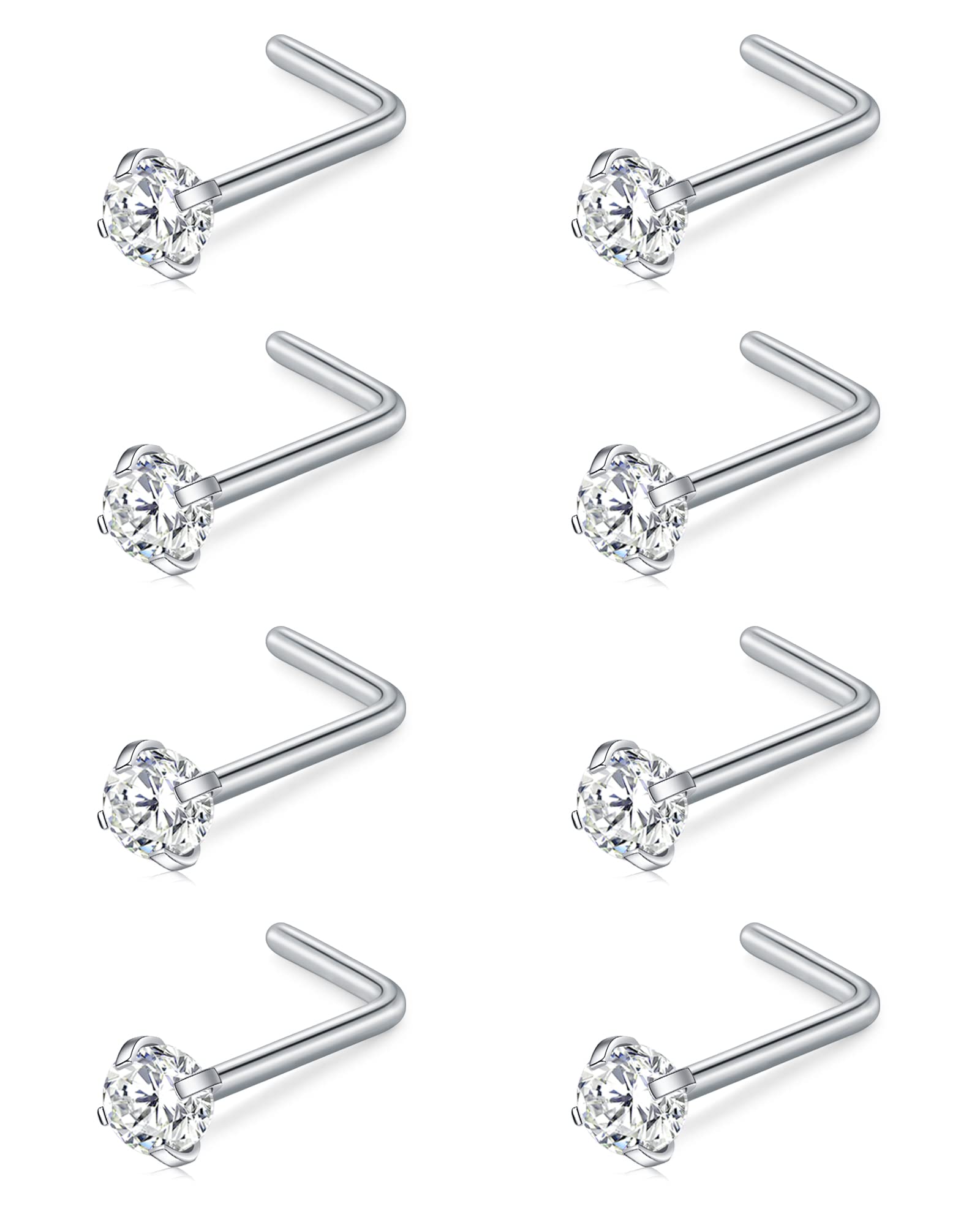 FECTAS 3mm CZ Top L Shape Nose Studs Ring 18G 20G Surgical Steel 1.5mm 2mm 2.5mm Clear CZ Silver for Women Men Girls Nostril Piercing Jewerly