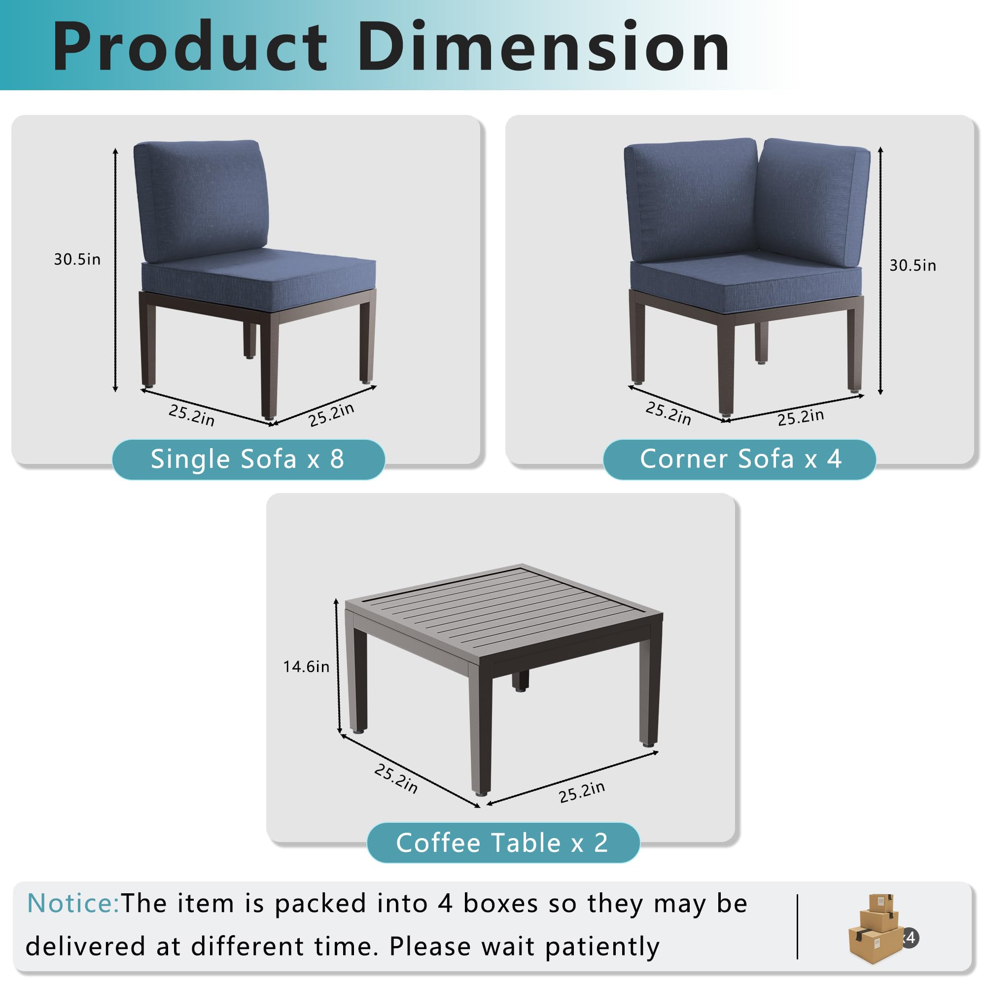 Knnbxa 14 Pieces Patio Furniture Set 12-Seat Metal Modular Outdoor Patio Conversation Sectional w/Thick Cushion and Coffee Table for Deck,Backyard,Lawn,Navy Blue