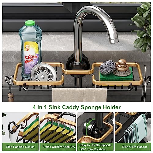 Gloserin Sponge Holder for Kitchen Sink,Adjustable Detachable Sponge Holder Over Faucet,Faucet Rack for Kitchen,Sink Caddy Sponge Holder,Kitchen Sink Organizer(Double with Dishcloth Rack, Gold)
