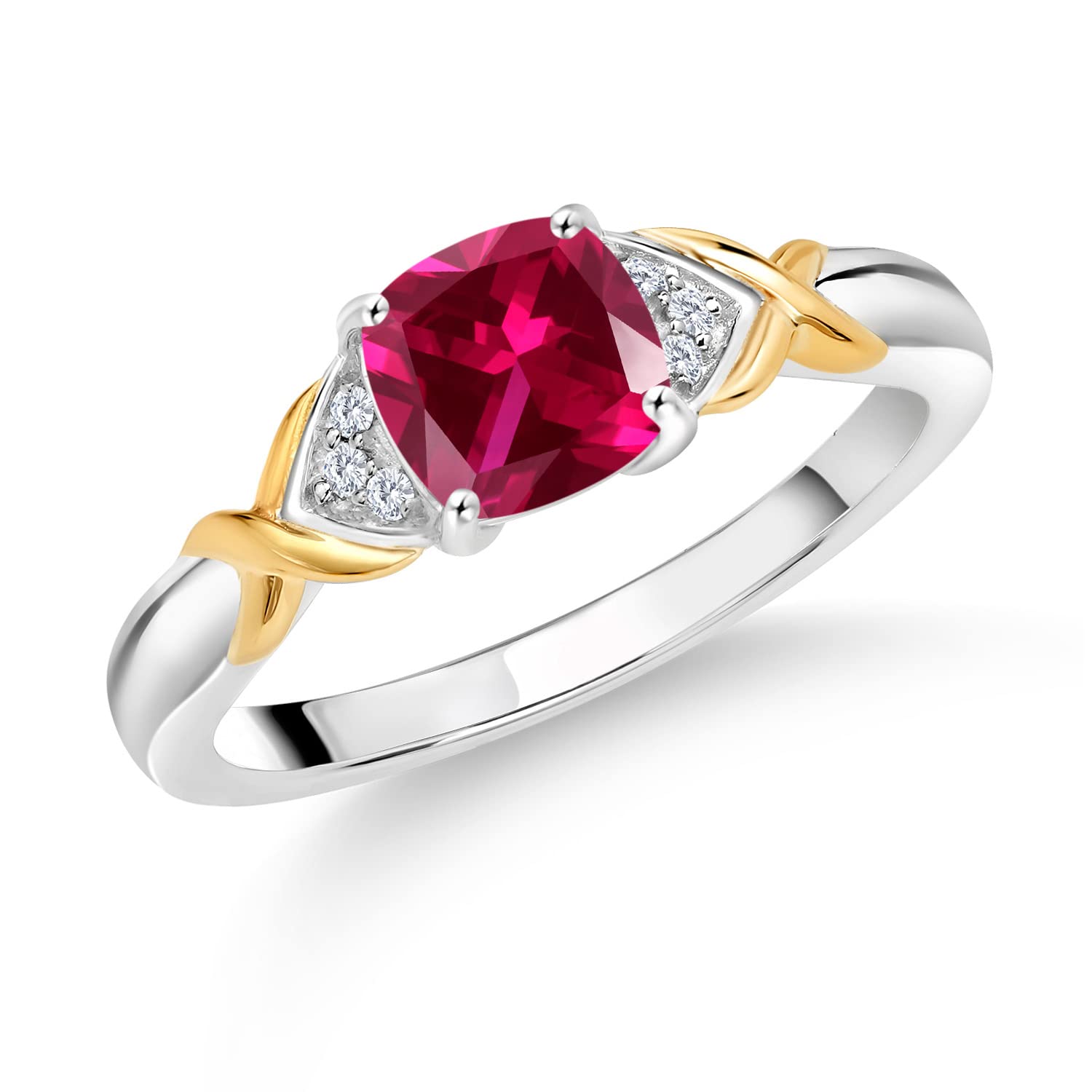 Gem Stone King 925 Sterling Silver and 10K Yellow Gold Red Created Ruby and White Lab Grown Diamond Engagement Ring For Women (1.03 Cttw, Cushion 6MM, Available In Size 5, 6, 7, 8, 9)