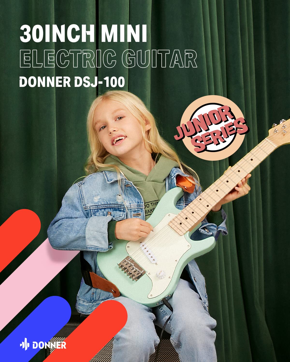 Donner 30 Inch Junior Electric Guitar Beginner Kit ST Style Mini Size ST Electric Guitar Junior Starter & Donner Guitar Cable 10 ft, Electric Instrument Cable Bass Amp Cord for Electric Guitar Bass