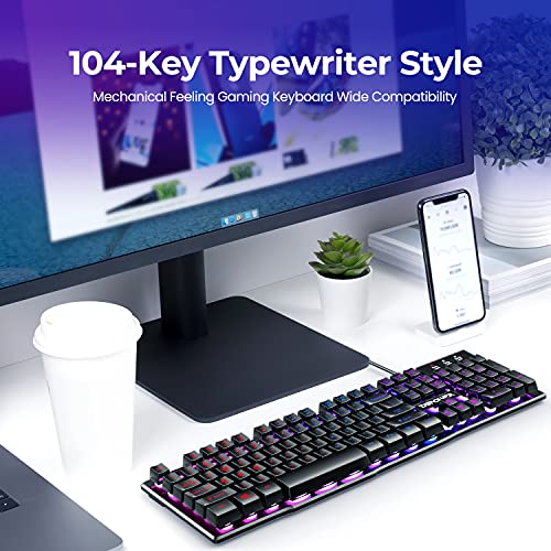 DBPOWER Gaming Office 2-in-1 Keyboard with 3-Color LED backlighting, Ergonomic Waterproof Mechanical Feel Full-Size 104-key Gaming Keyboard, Office Equipment for PC laptops Computer