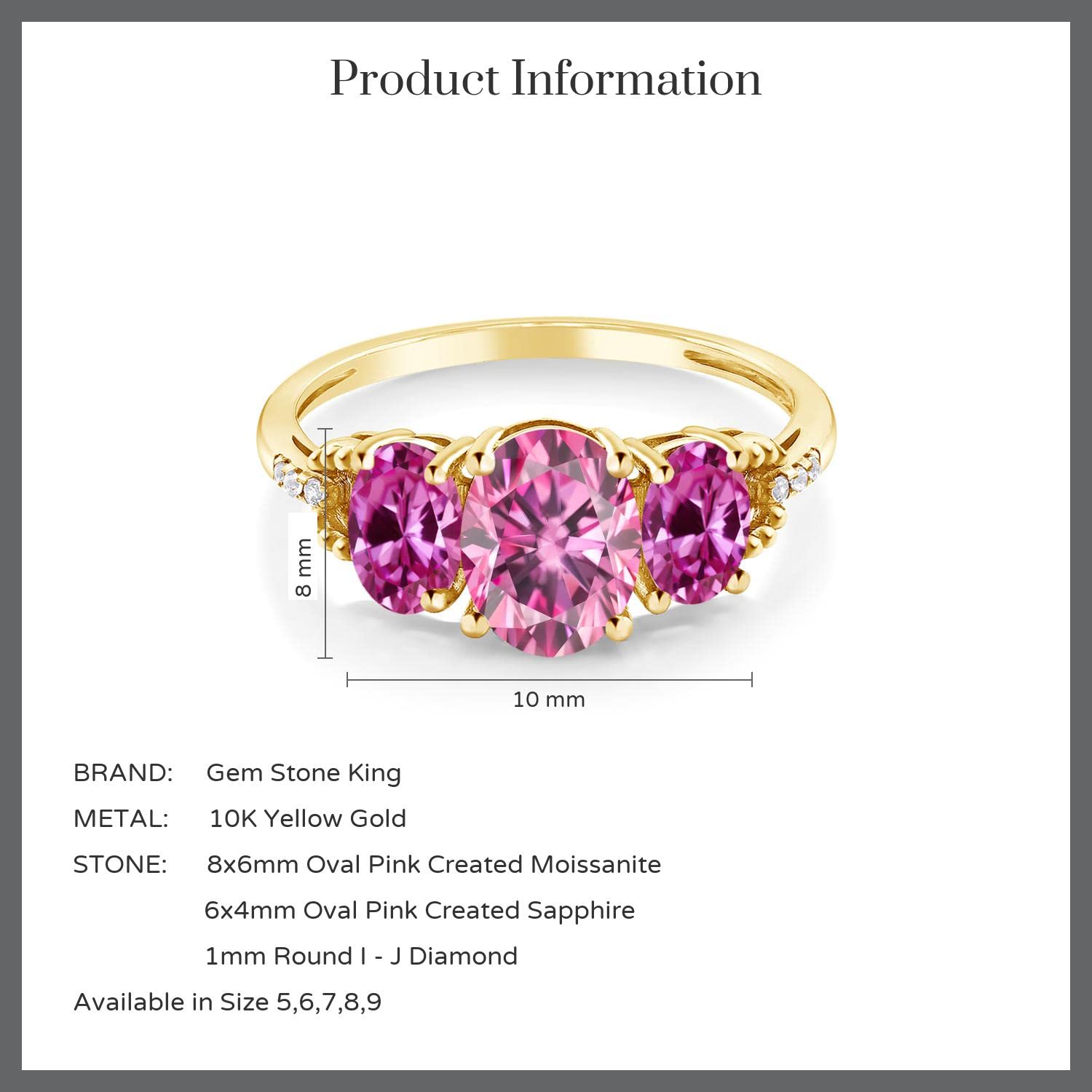 Gem Stone King 10K Yellow Gold Oval 8X6MM Pink Moissanite & 6X4MM Pink Created Sapphire 3-Stone Ring | 2.42 Cttw | 3 Stone Wedding Engagement Anniversary Promise Ring For Women (Size 6)