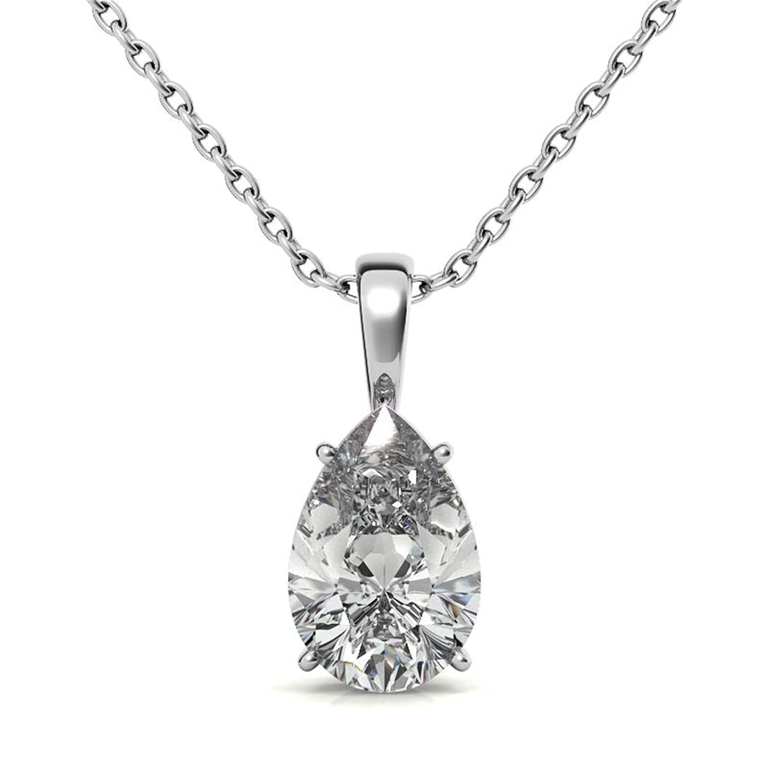 FACETS JEWELS 14K White Gold 1 carat 8.5 mm x 5.5 mm DEF Color Pear Cut Moissanite Classic 4 Prong Set Solitaire Simulated Diamond Pendant for Women Girls (AFP0031_14KW1)