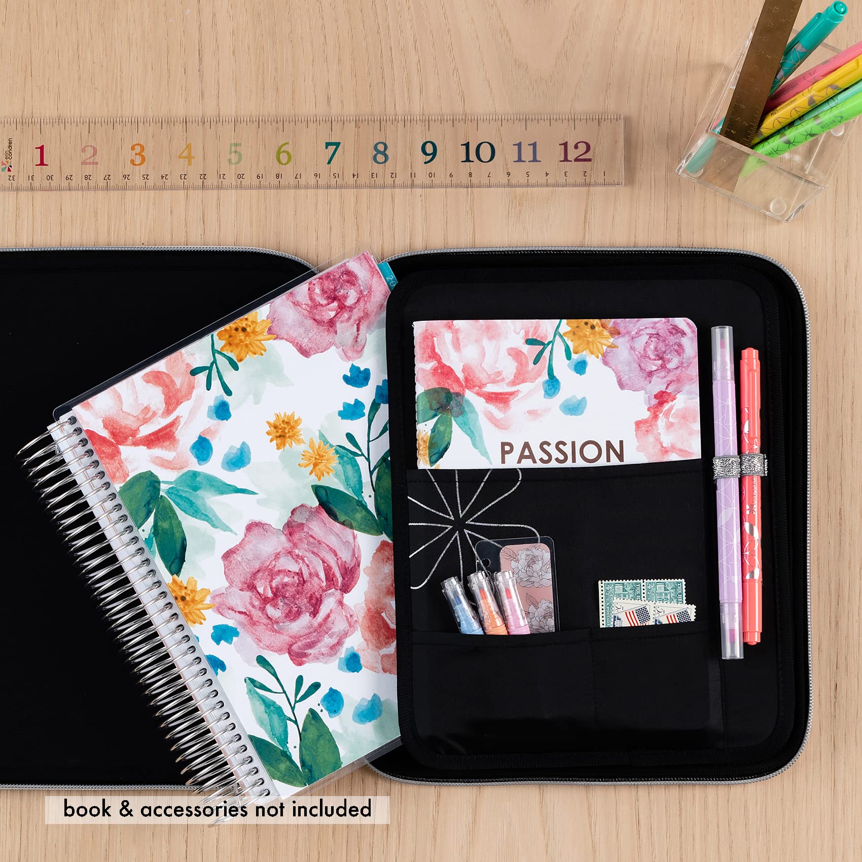 Erin Condren Medium Planner Folio- Flora Dahlia, Perfect Organizer for Documents, Planners, Notebooks or Devices Up to 7" x 9". Portfolio Case Holder with Zipper and Inner Pouch