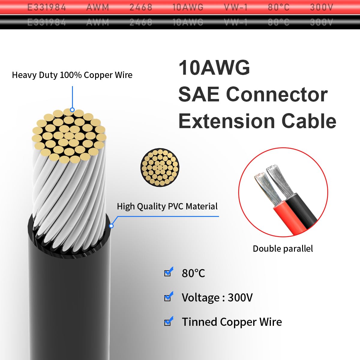 ELFCULB SAE Connector Cable,10AWG 1FT 2 Pin SAE Extension Cable for Solar Panel Car Motorcycle(2 Pieces)
