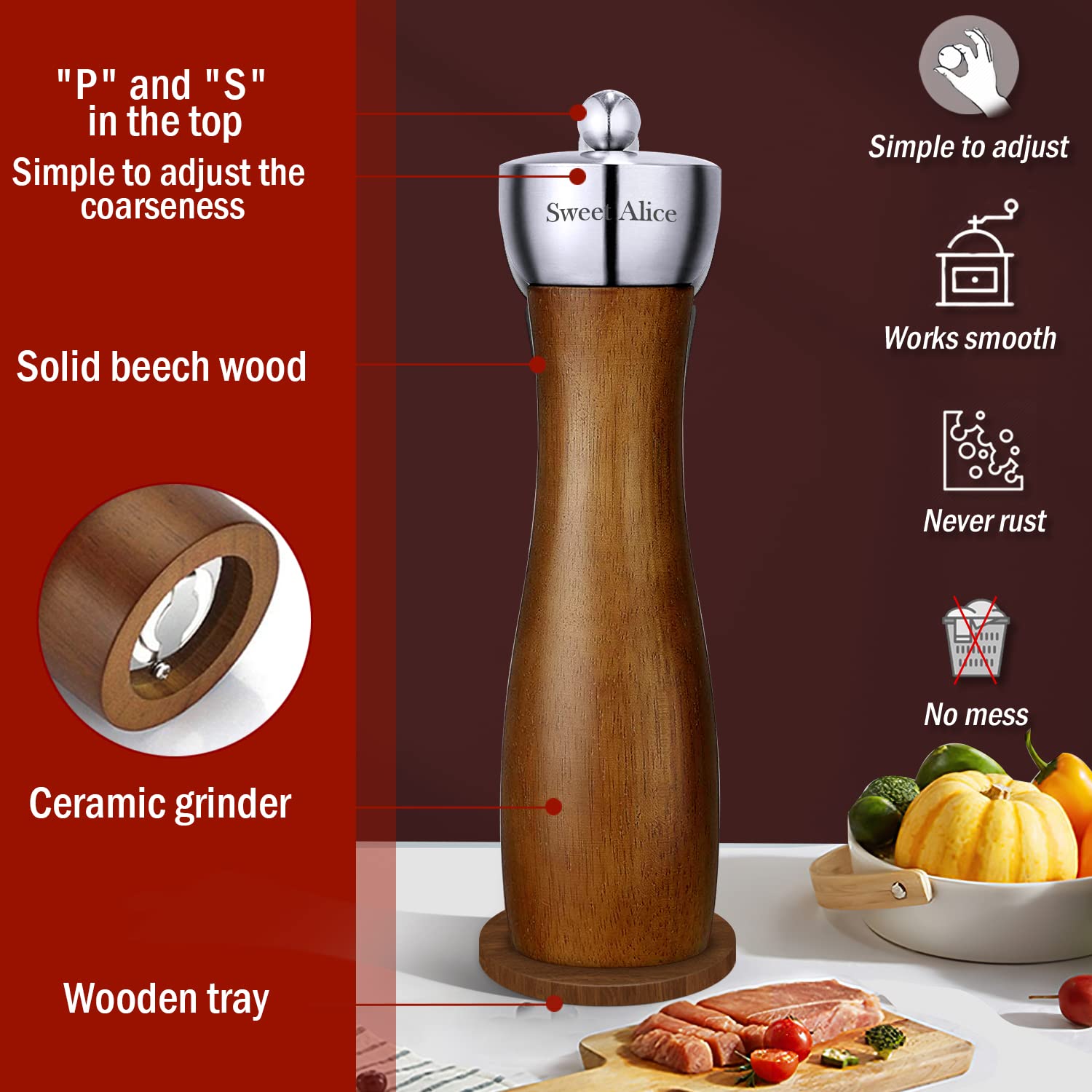 Salt and Pepper Grinders Refillable Set, Beech Wood Pepper Mill with Ceramic Mechanism, Solid and Durable Salt Grinders Suited for Sea Salt, Black Peppercorn (6'', Brown Set of 2)
