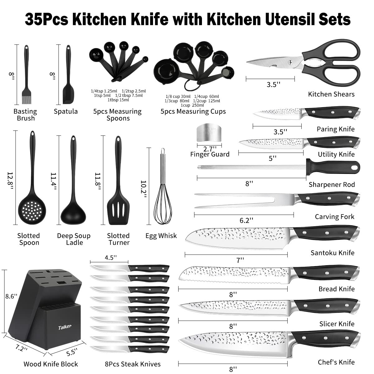 Knife Set for Kitchen with Block, 35Pcs High Carbon Stainless Steel Chef Knife Set Kitchen Knife Set and Silicone Kitchen Utensils Set, Knife Sharpener Rod Scissors Knives Set Ultra Sharp Easy-Grip