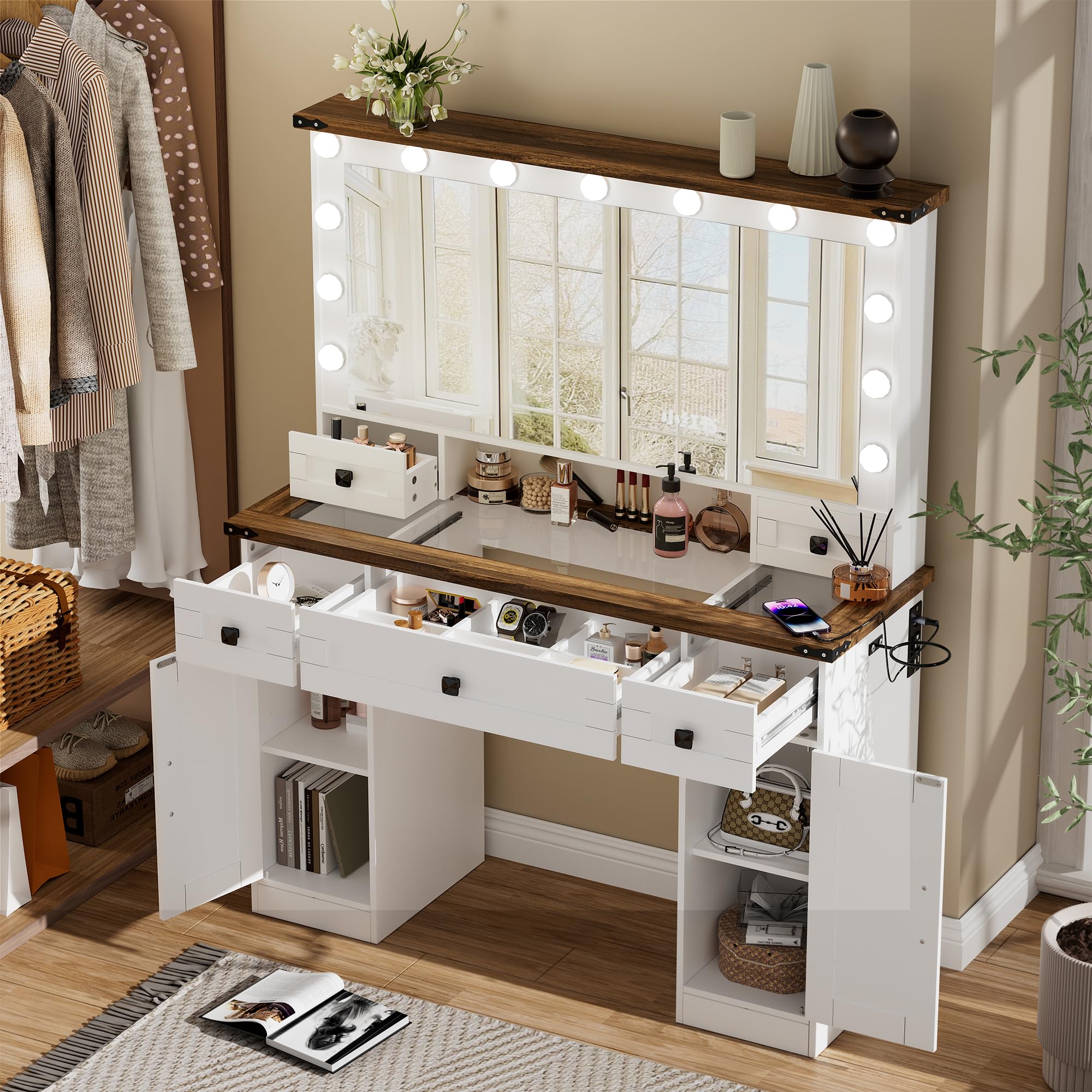 PAKASEPT Makeup Vanity Desk with Mirror and Lights, Glass Tabletop Farmhouse Vanity Table with Drawers, Charging Station, Cabinet for Bedroom,White