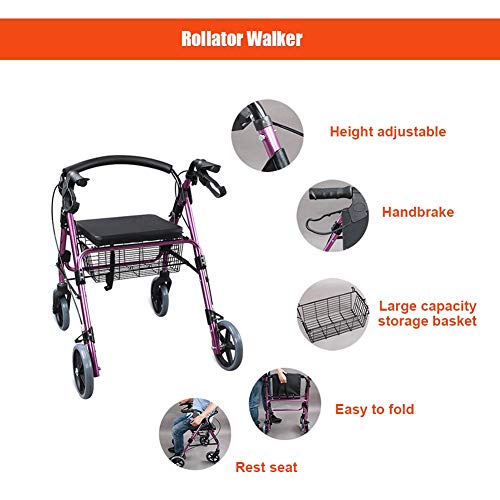 Lightweight Wheel Rollator, Folding Four Wheel Mobility Walker with Padded Seat,Back Support, Mobility Aid Seat Basket, Carry Bag, Black,Can Bear 100kg/220lbs